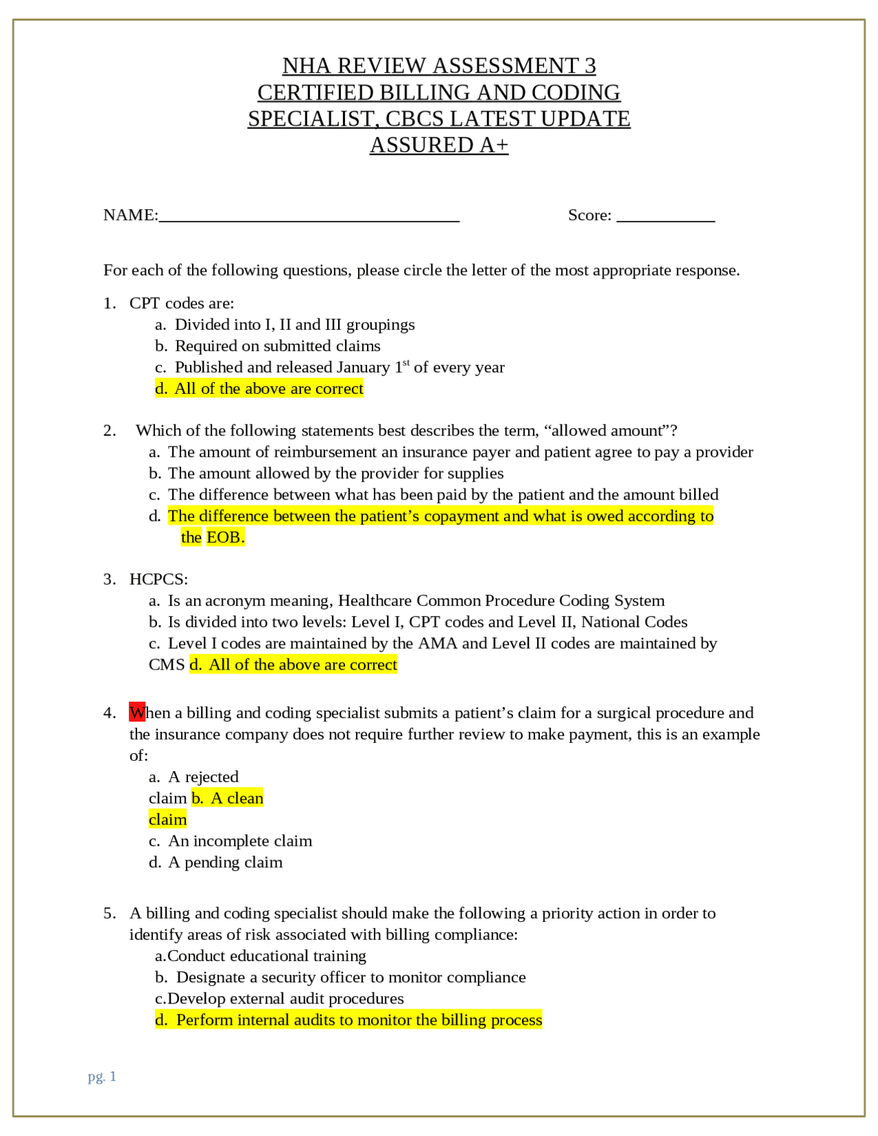NHA REVIEW ASSESSMENT 3 CERTIFIED BILLING AND CODING SPECIALIST, CBCS ...