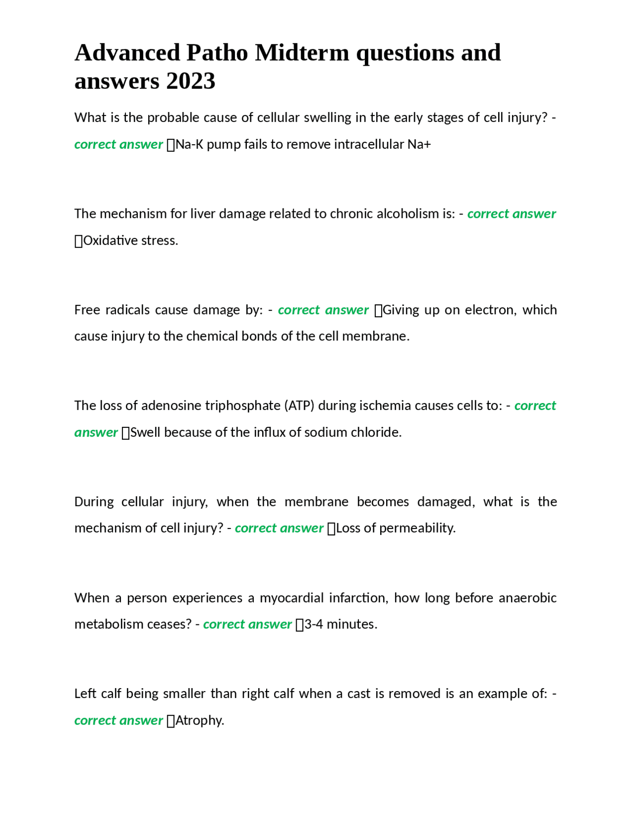 Advanced Patho Midterm questions and answers 2023 | Exams Nursing | Docsity