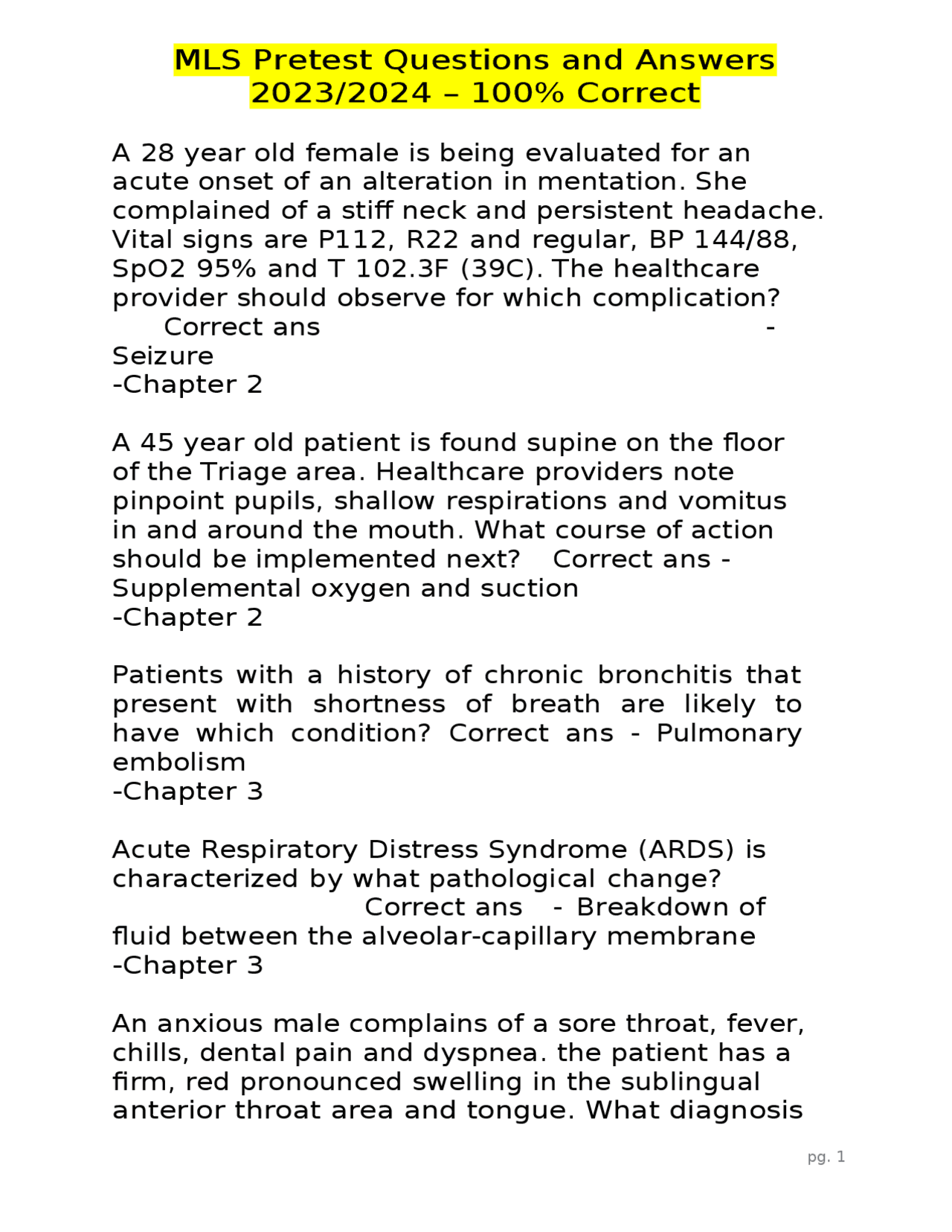 MLS Pretest Questions and Answers 2023/2024 – 100% Correct | Exams ...