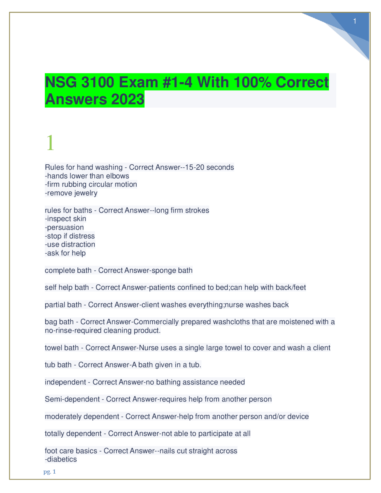 NSG 3100 Exam #1-4 With 100% Correct Answers 2024/2025 | Exams Nursing | Docsity