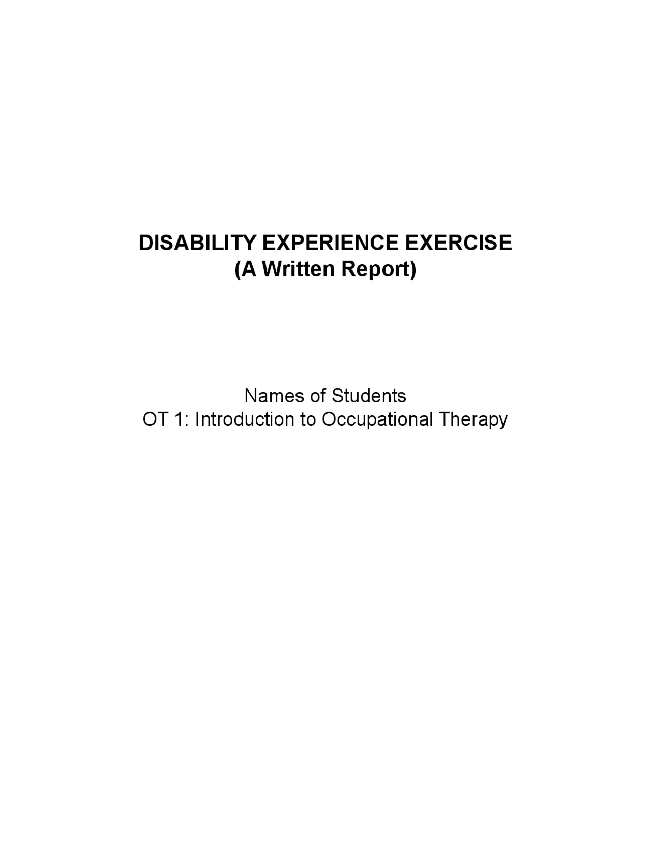 Disability Experience Exercise | Exercises Occupational therapy | Docsity