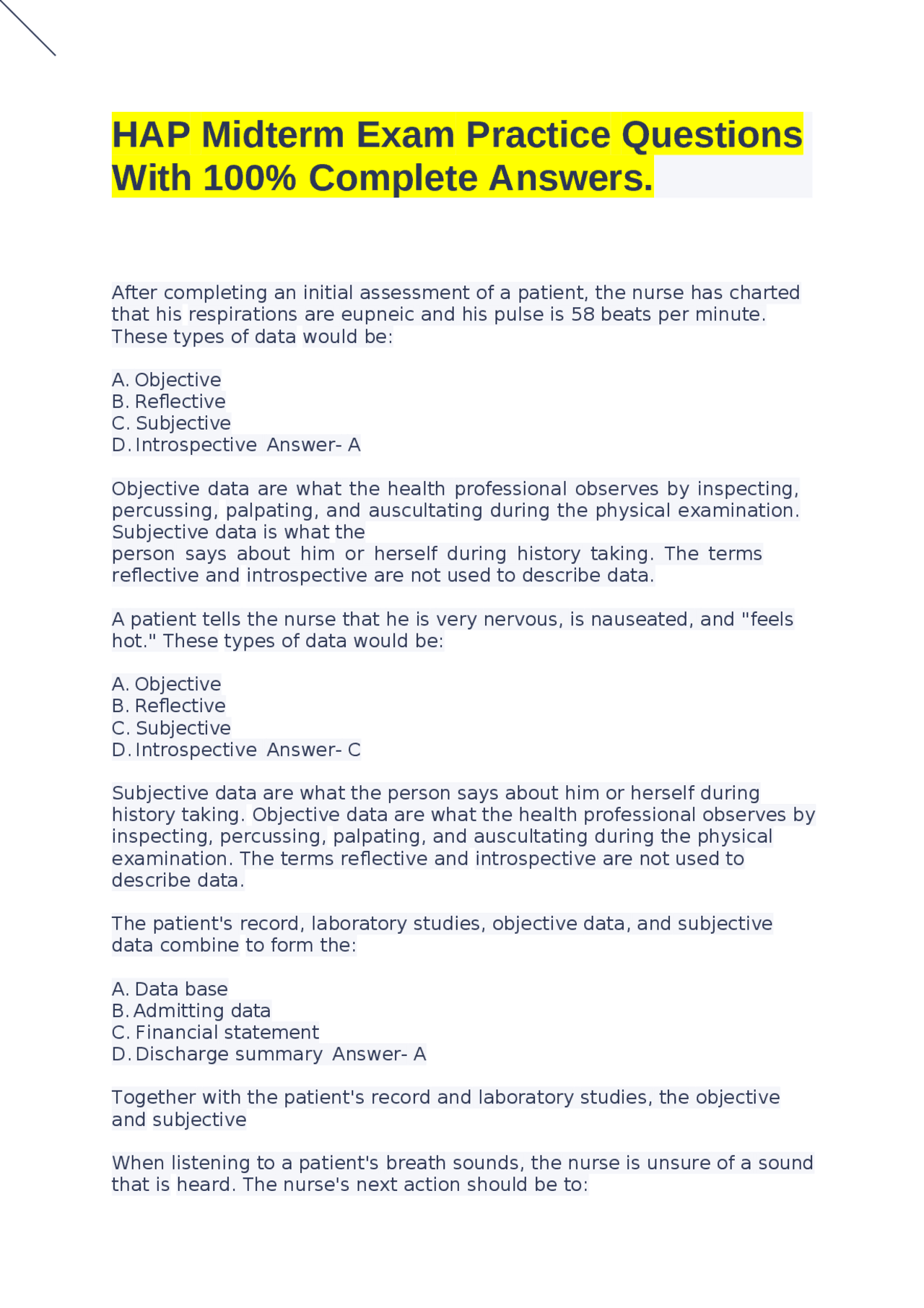 HAP Midterm Exam Practice Questions With 100% Complete Answers. | Exams ...