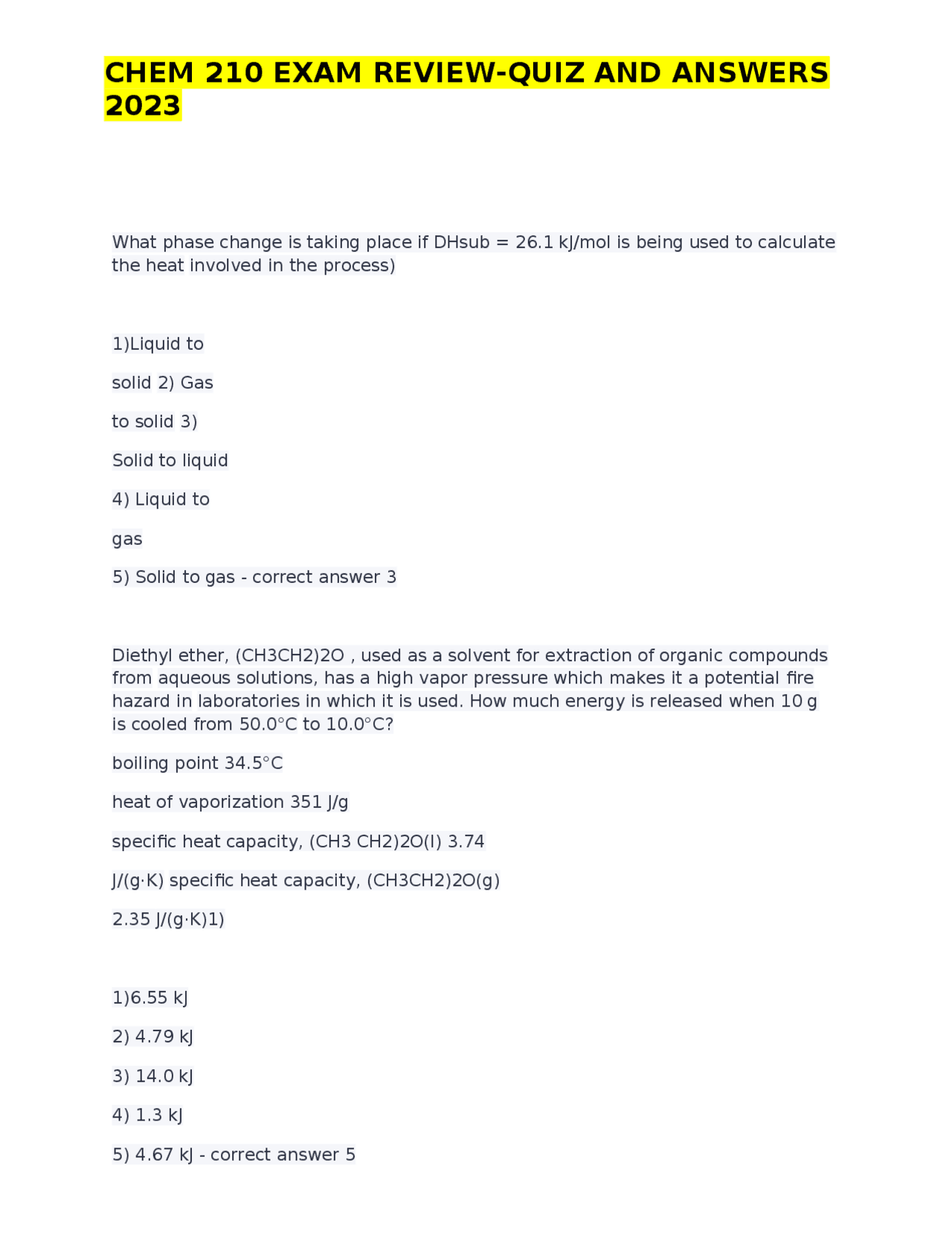 CHEM 210 EXAM REVIEW-QUIZ AND ANSWERS 2023 | Exams Chemistry | Docsity