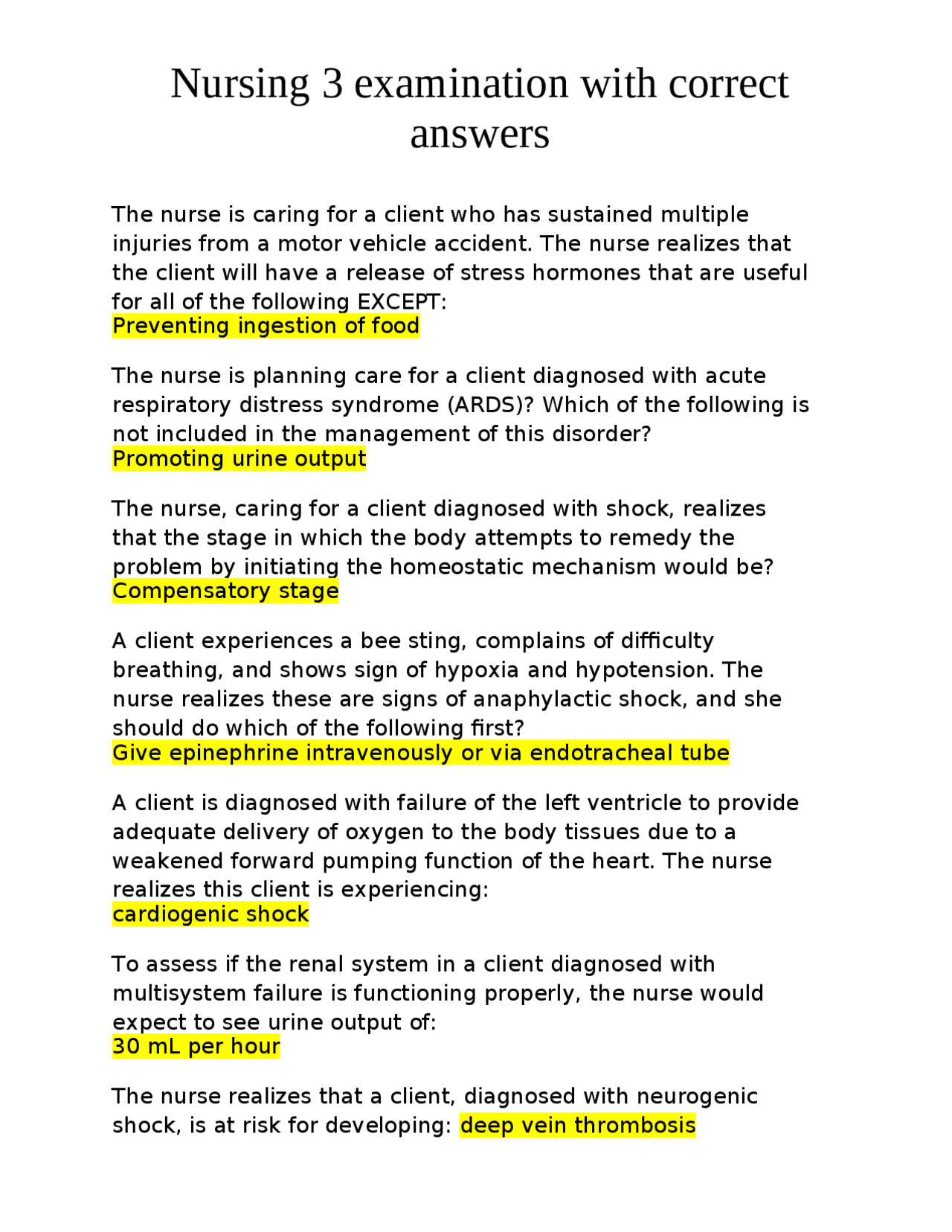 Nursing 3 examination with correct answers | Exams Nursing | Docsity