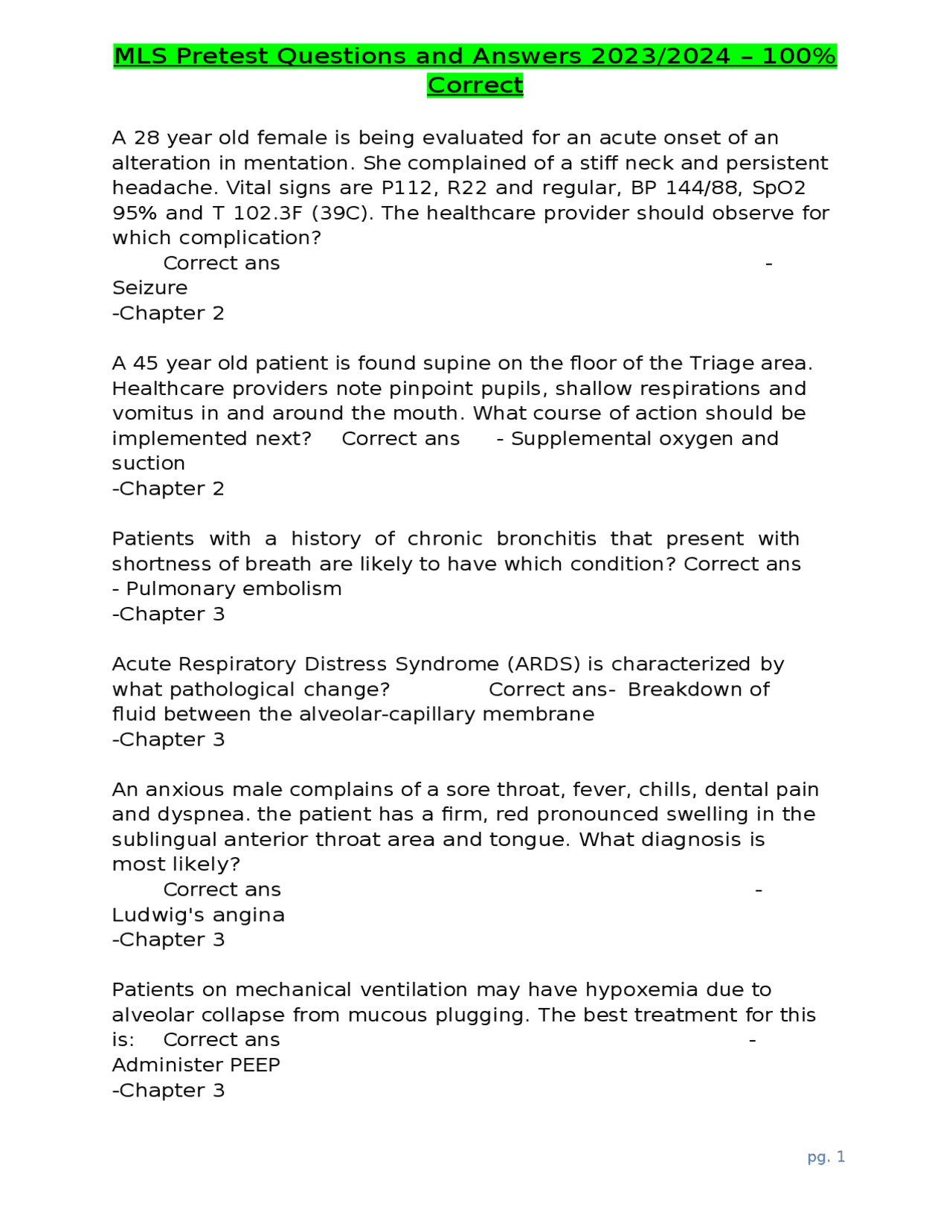 MLS Pretest Questions and Answers 2023/2024 – 100% Correct | Exams ...