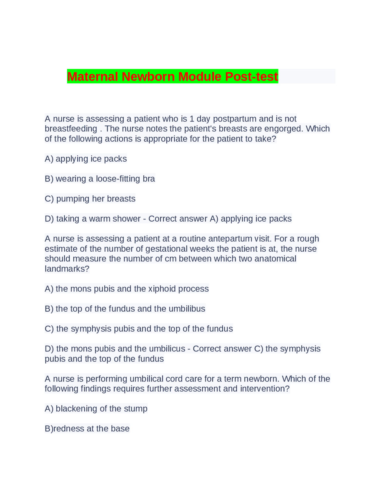 Maternal Newborn Module Post Test Exams Nursing Docsity
