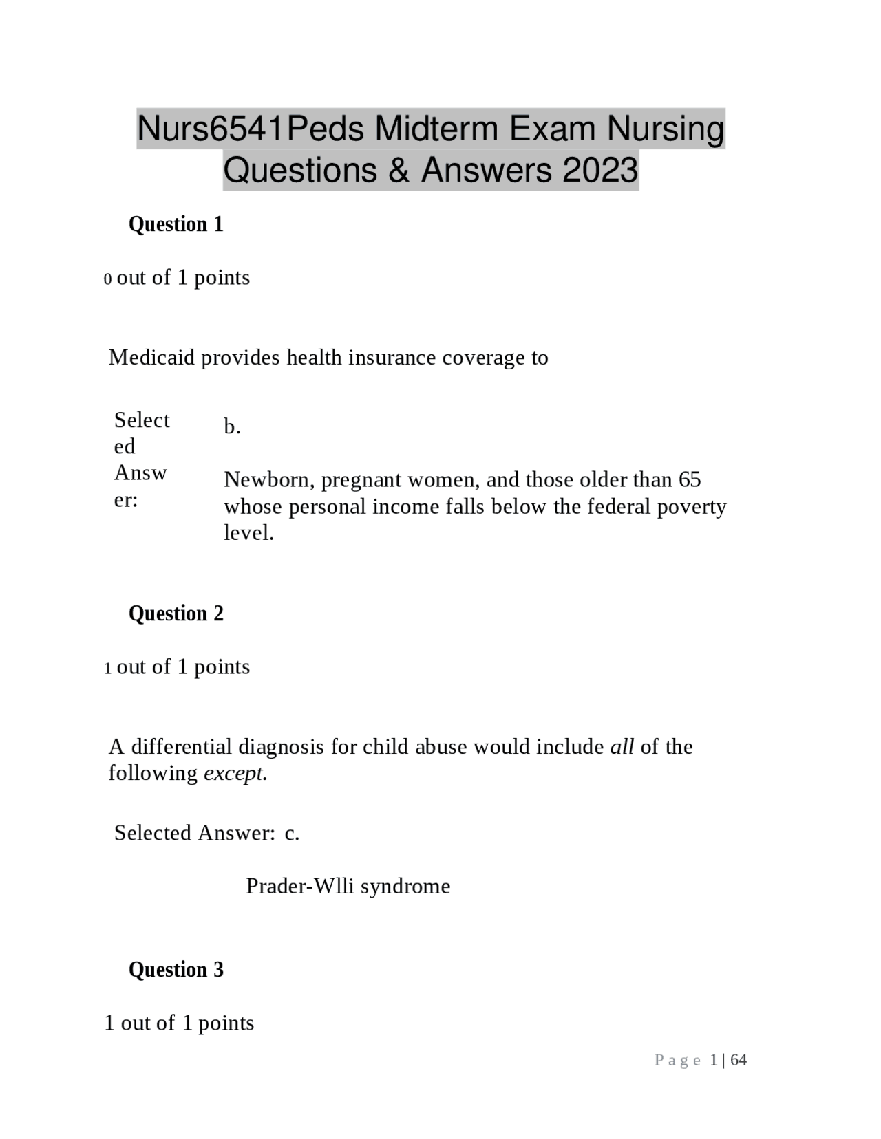 Nurs6541Peds Midterm Exam Nursing Questions & Answers 2023 | Exams ...