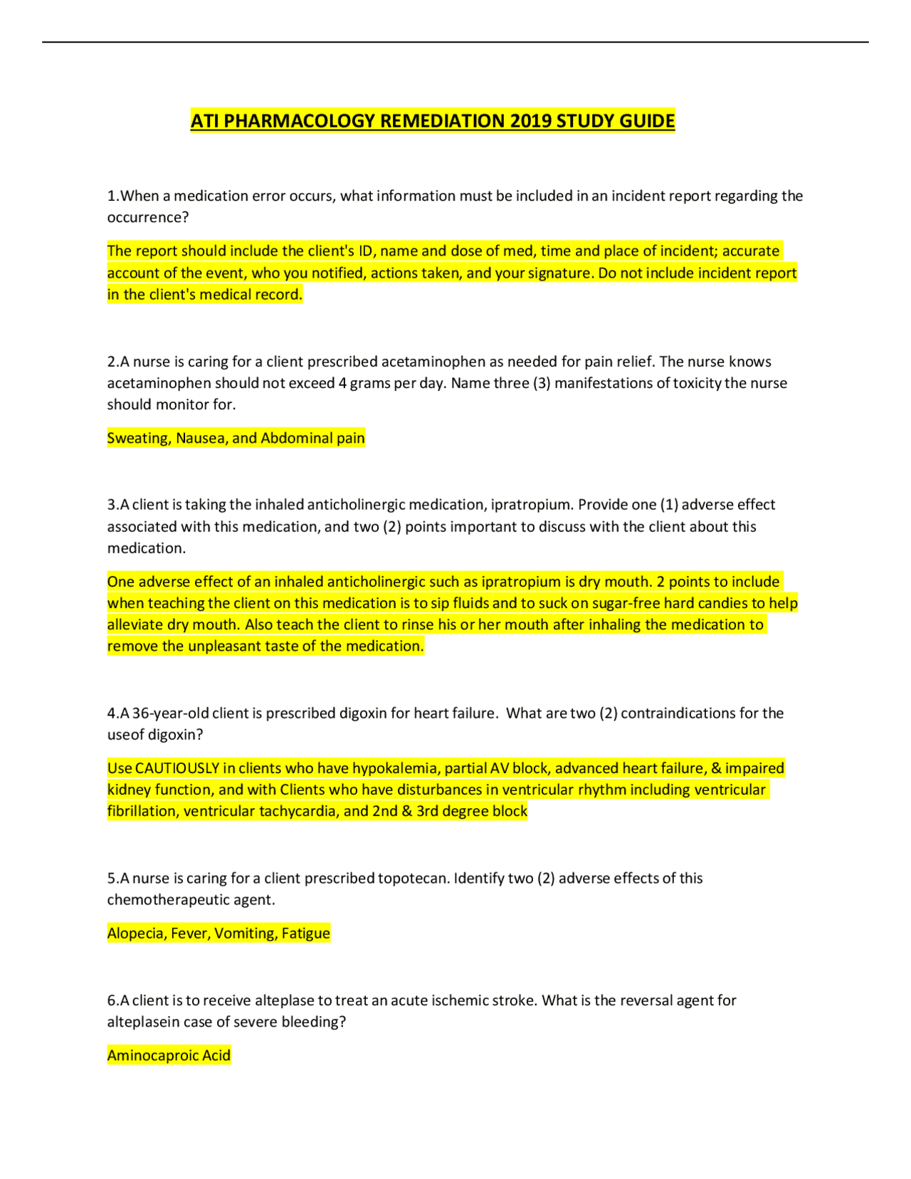 ATI PHARMACOLOGY REMEDIATION 2019 STUDY GUIDE | Exams Pharmacology ...