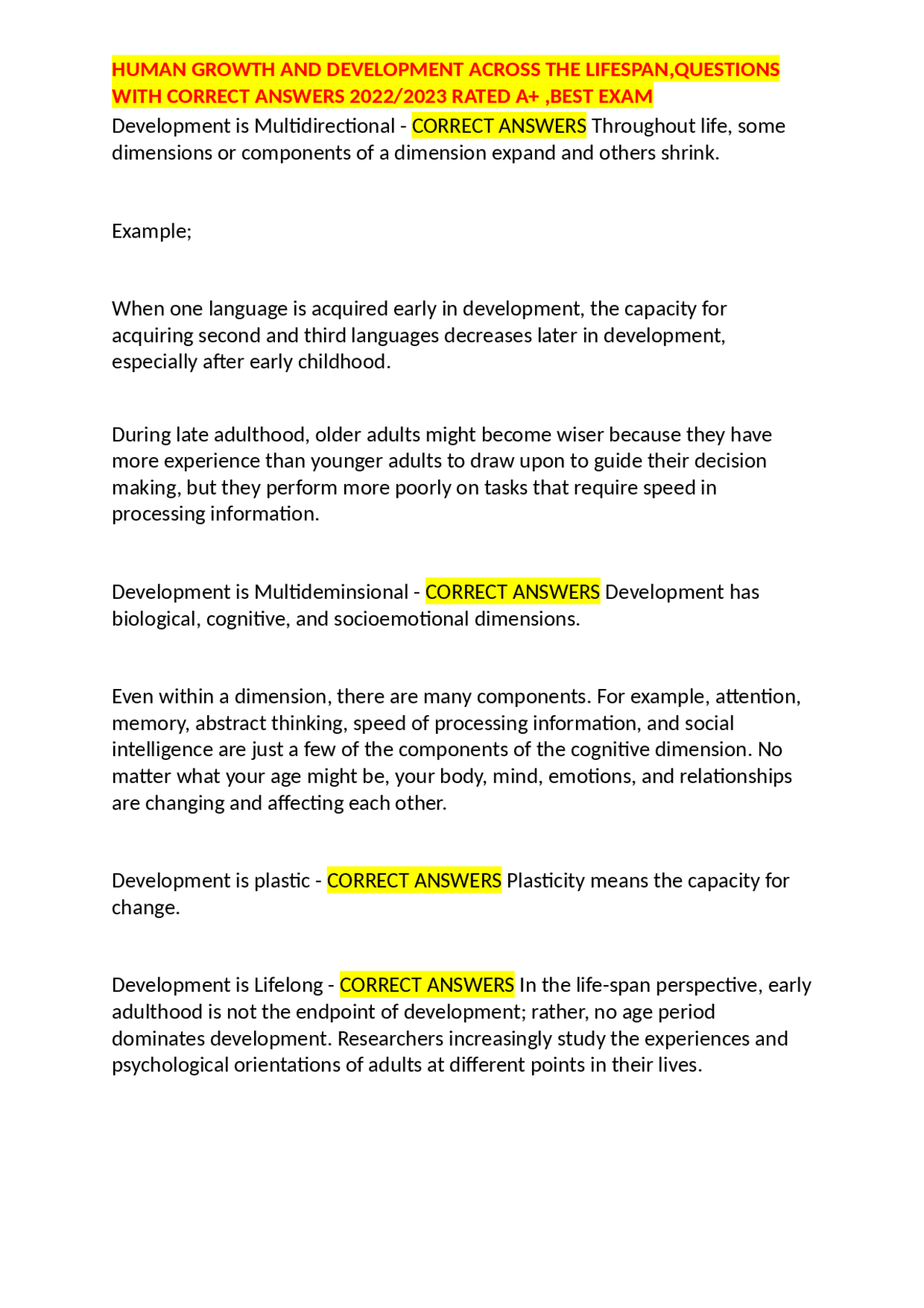 HUMAN GROWTH AND DEVELOPMENT ACROSS THE LIFESPAN,QUESTIONS WITH CORRECT ...