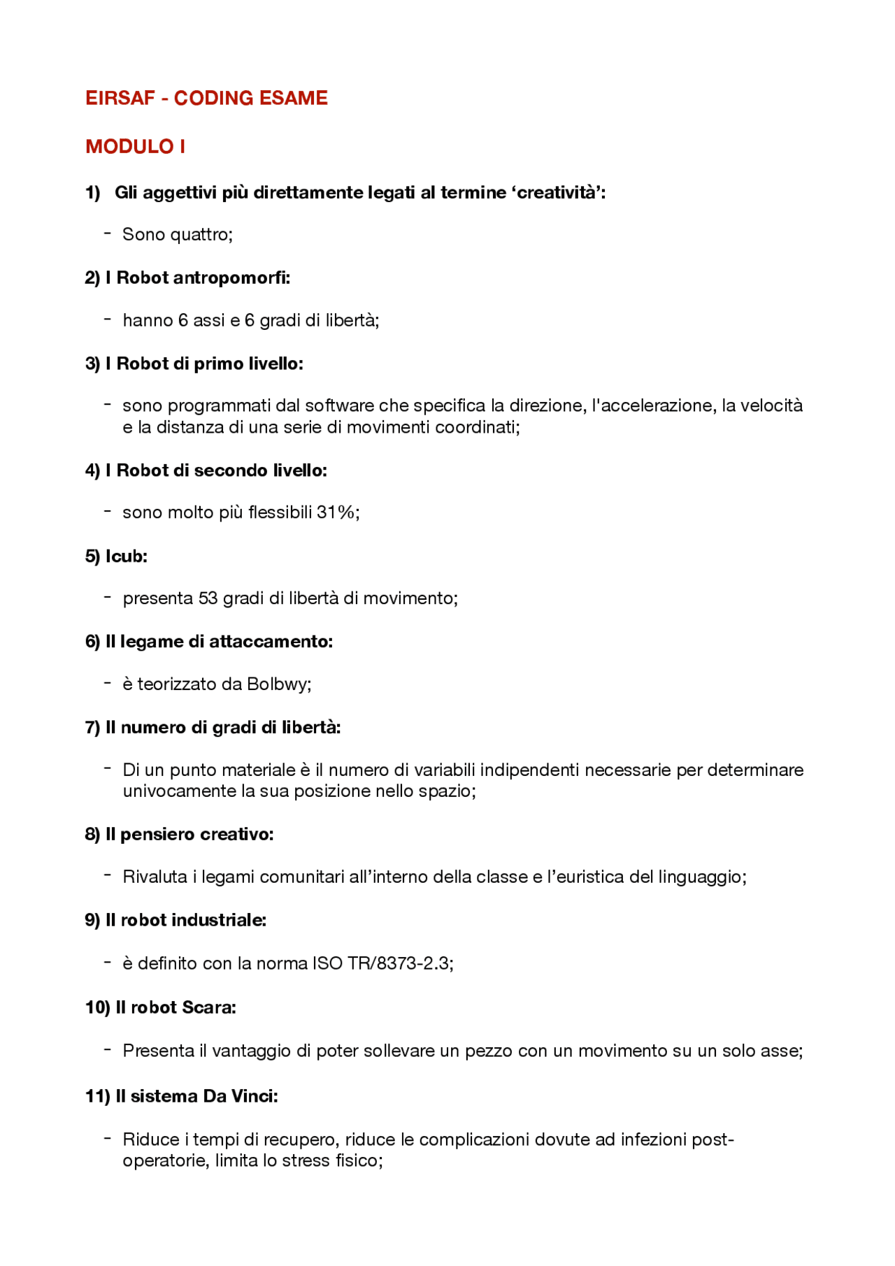 EIRSAF - CODING (domande/risposte) | Prove d'esame di Elementi di Informatica | Docsity