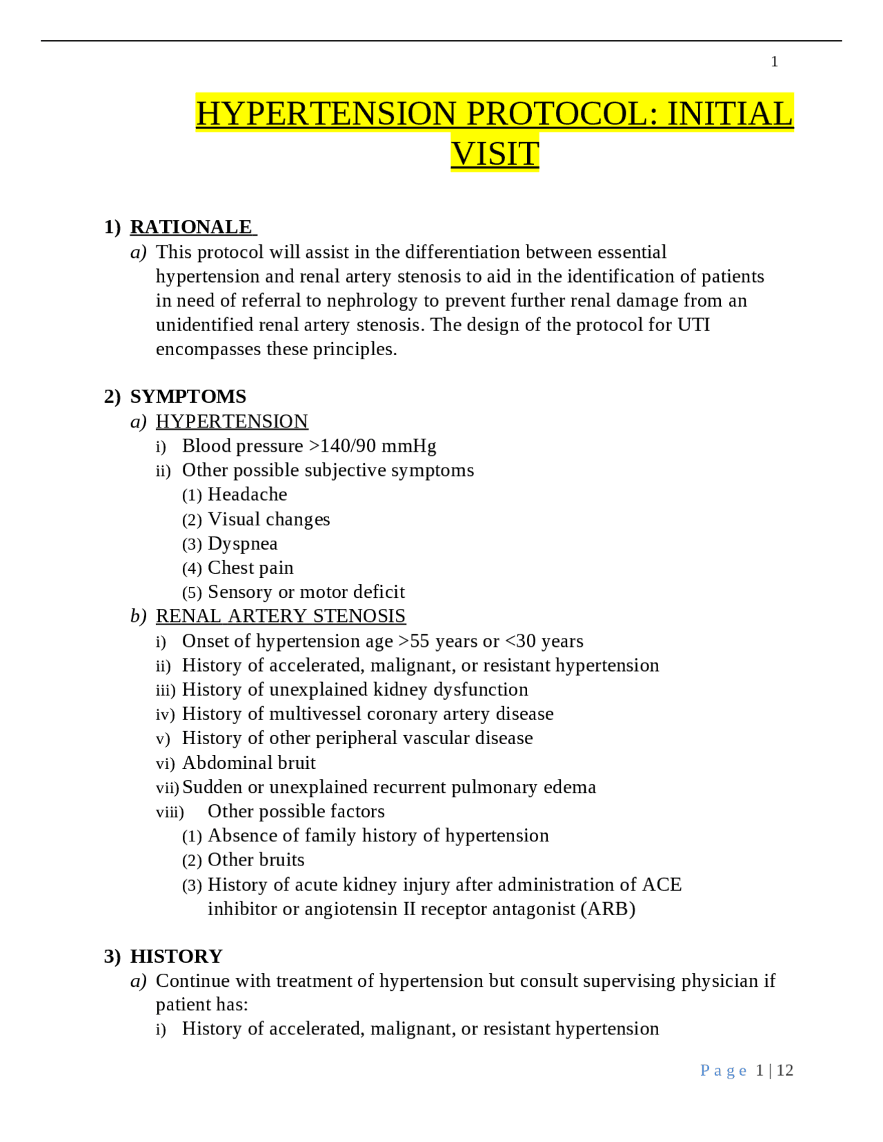 HYPERTENSION PROTOCOL: INITIAL VISIT | Exams Health sciences | Docsity
