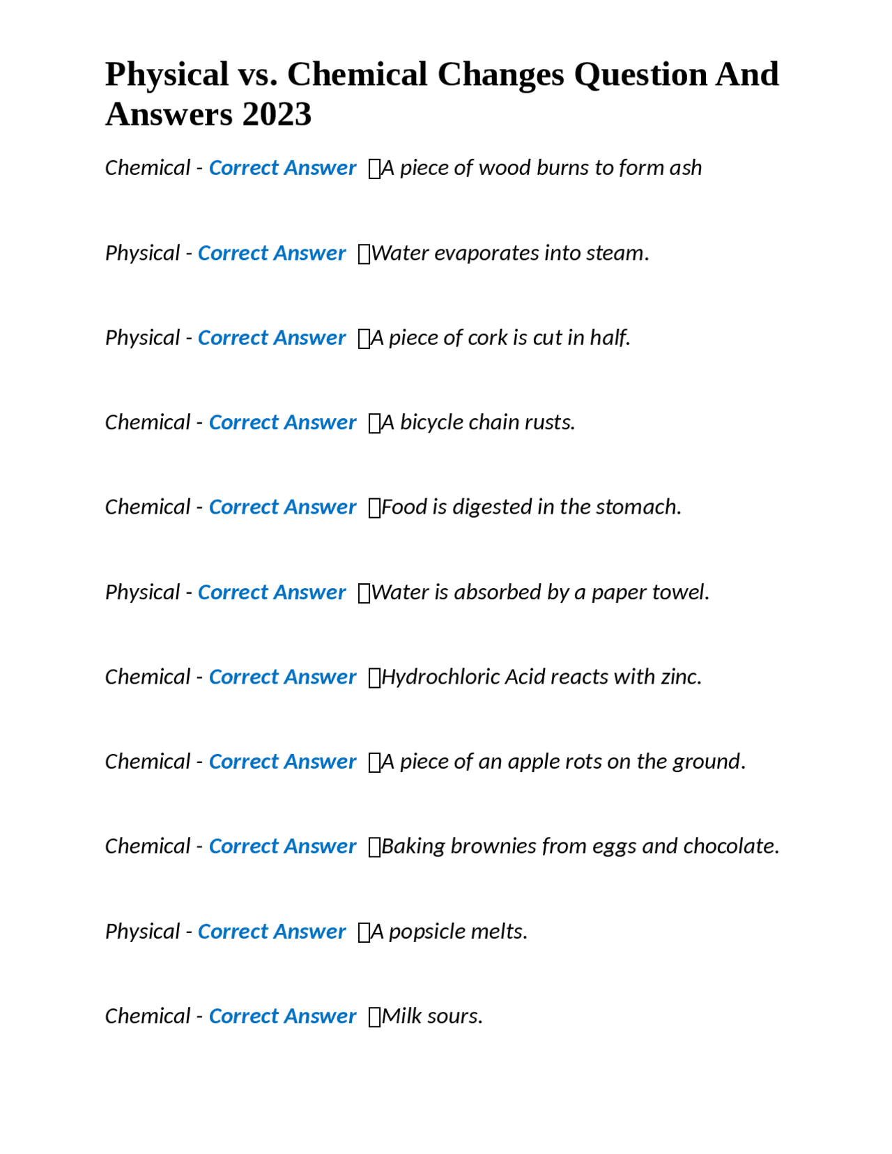 Physical vs. Chemical Changes Question And Answers 2023 | Exams Nursing ...