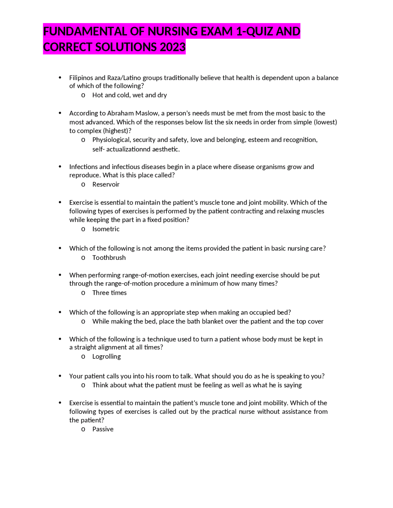 FUNDAMENTAL OF NURSING EXAM 1-QUIZ AND CORRECT SOLUTIONS 2023 | Exams Nursing | Docsity