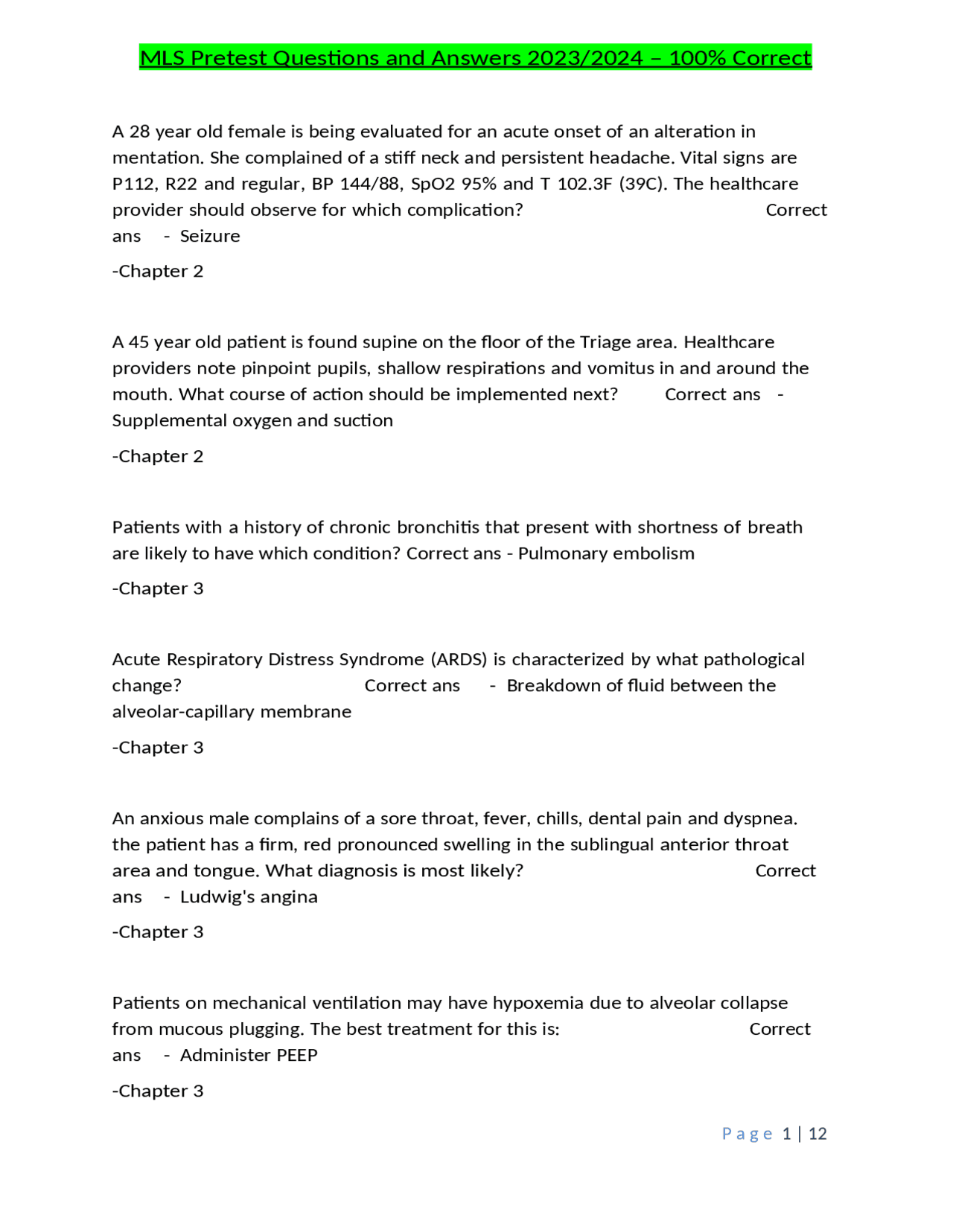 MLS Pretest Questions and Answers 2023/2024 – 100% Correct | Exams ...