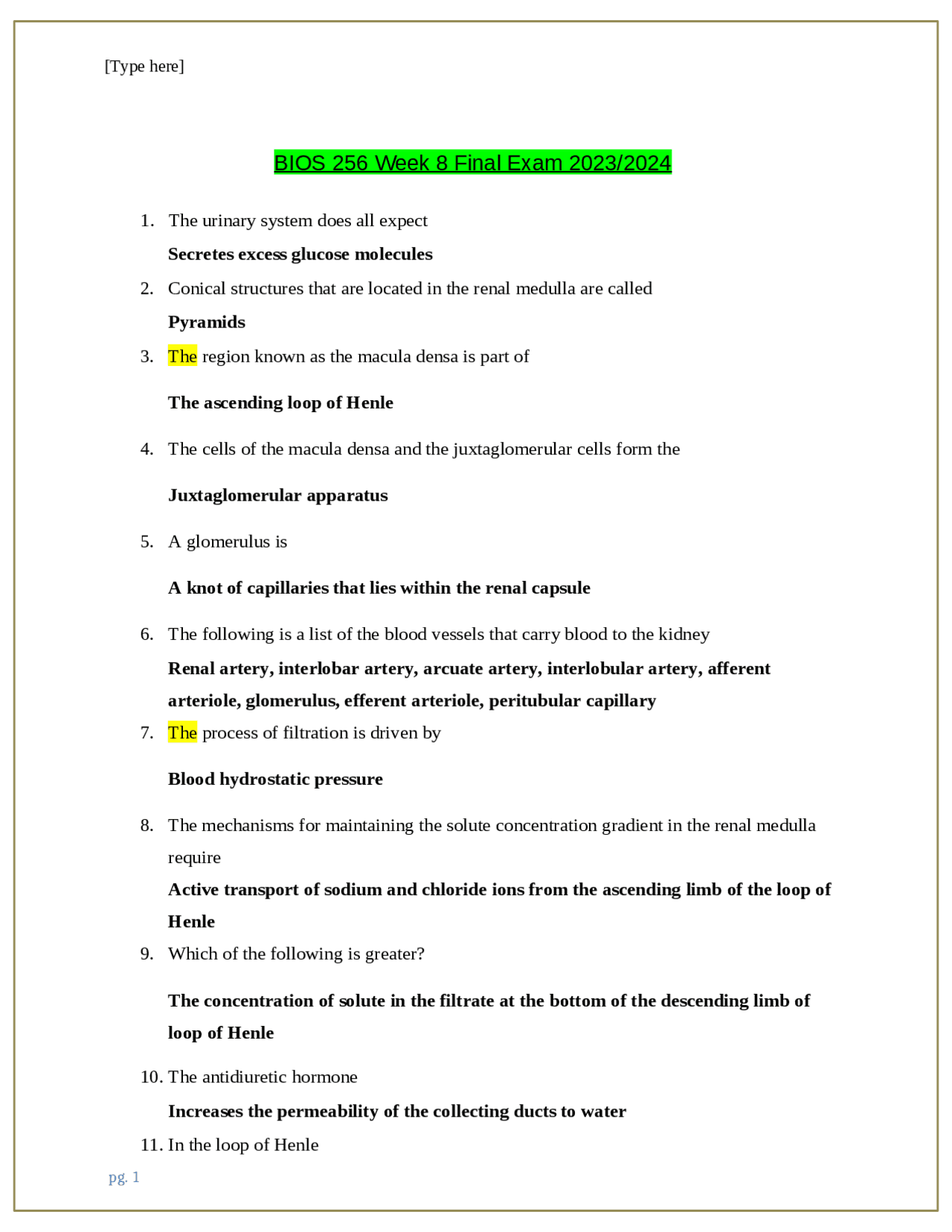 BIOS 256 Week 8 Final Exam 2023/2024 | Exams Biostatistics | Docsity