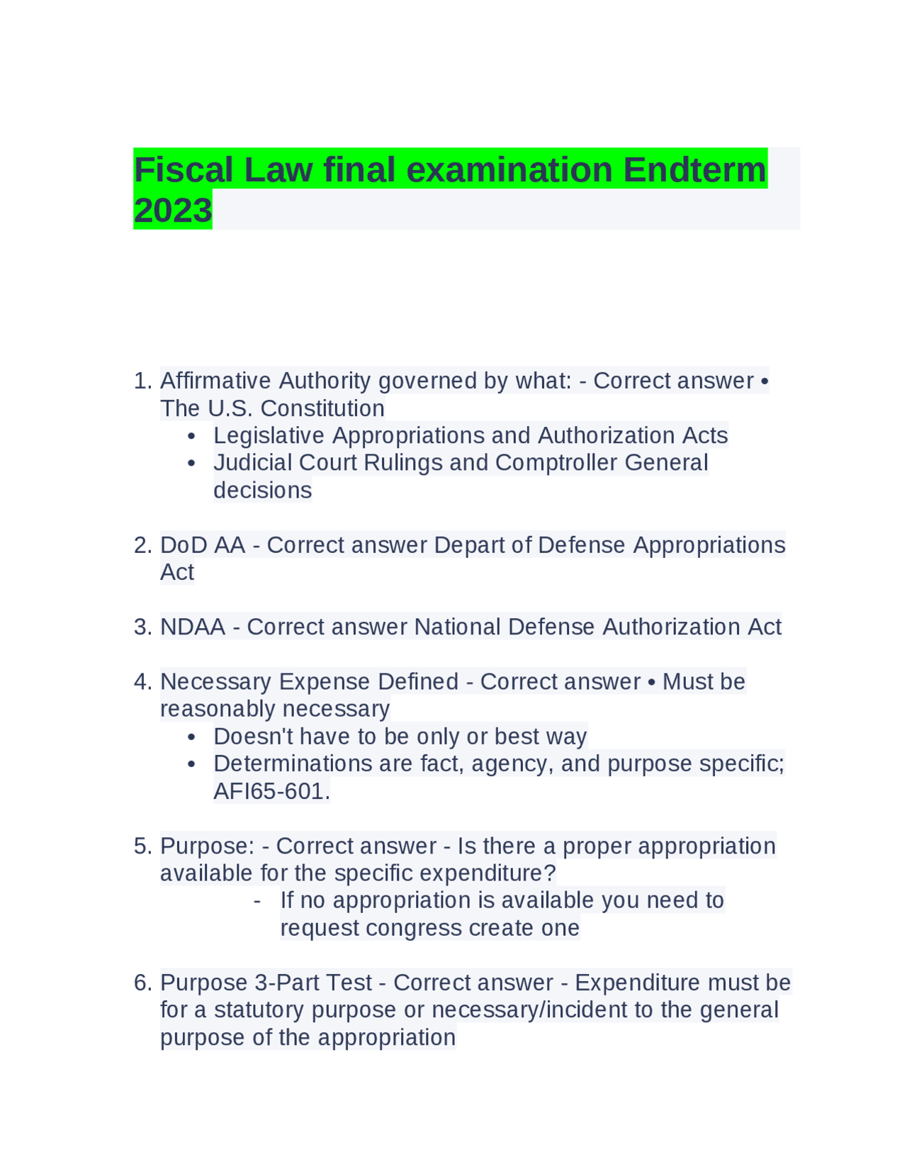 Fiscal Law final examination Endterm 2023 | Exams Law | Docsity