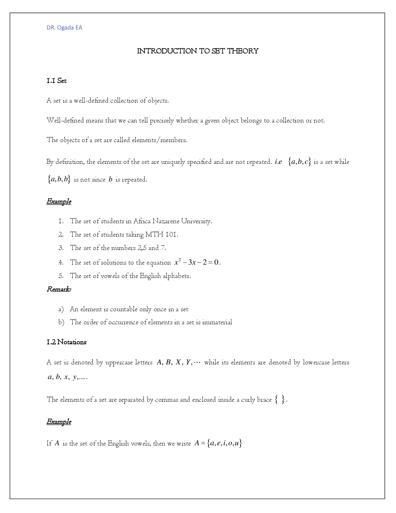 Introduction to Set Theory | Study notes Computer Science | Docsity
