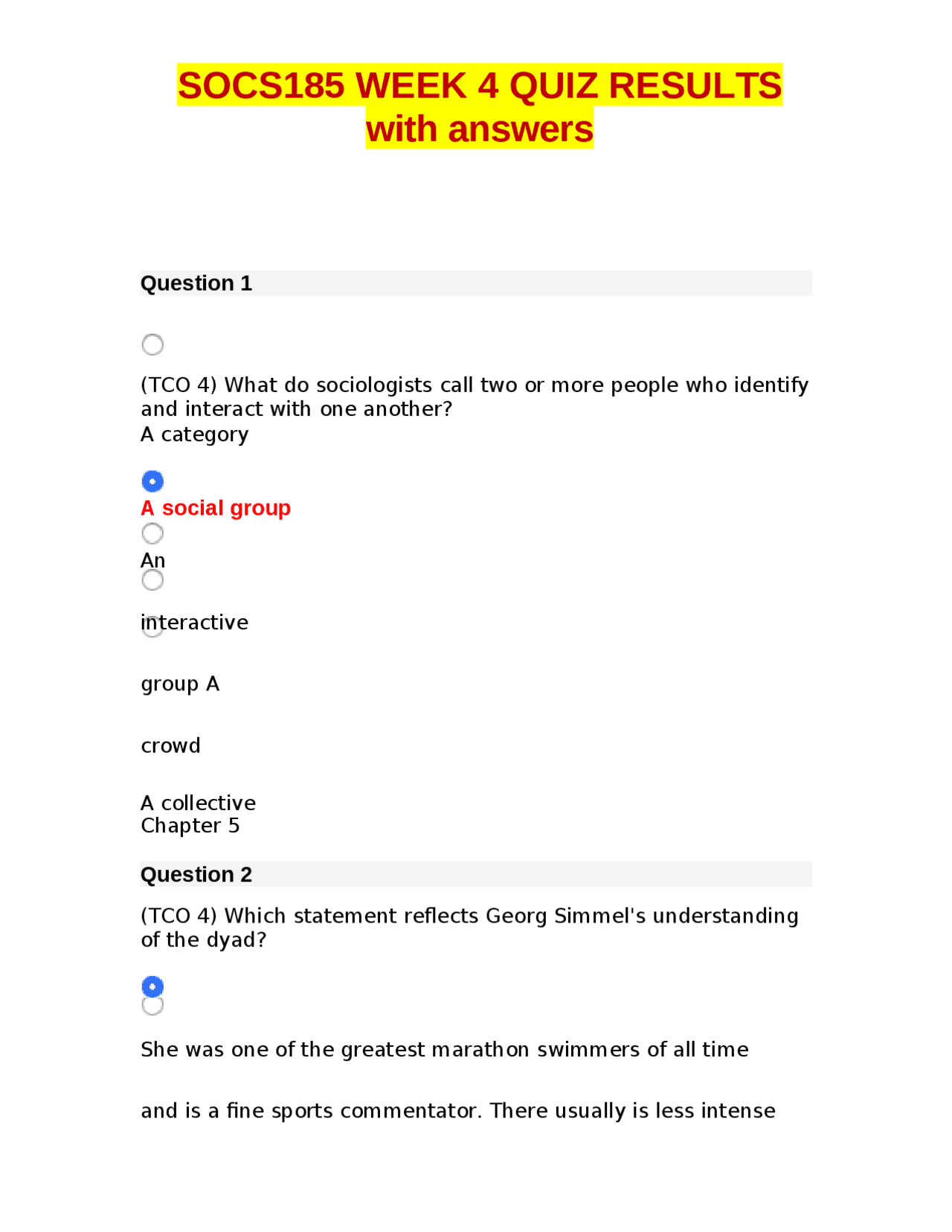 Socs185 Week 4 Quiz Results With Answers Exams Nursing Docsity