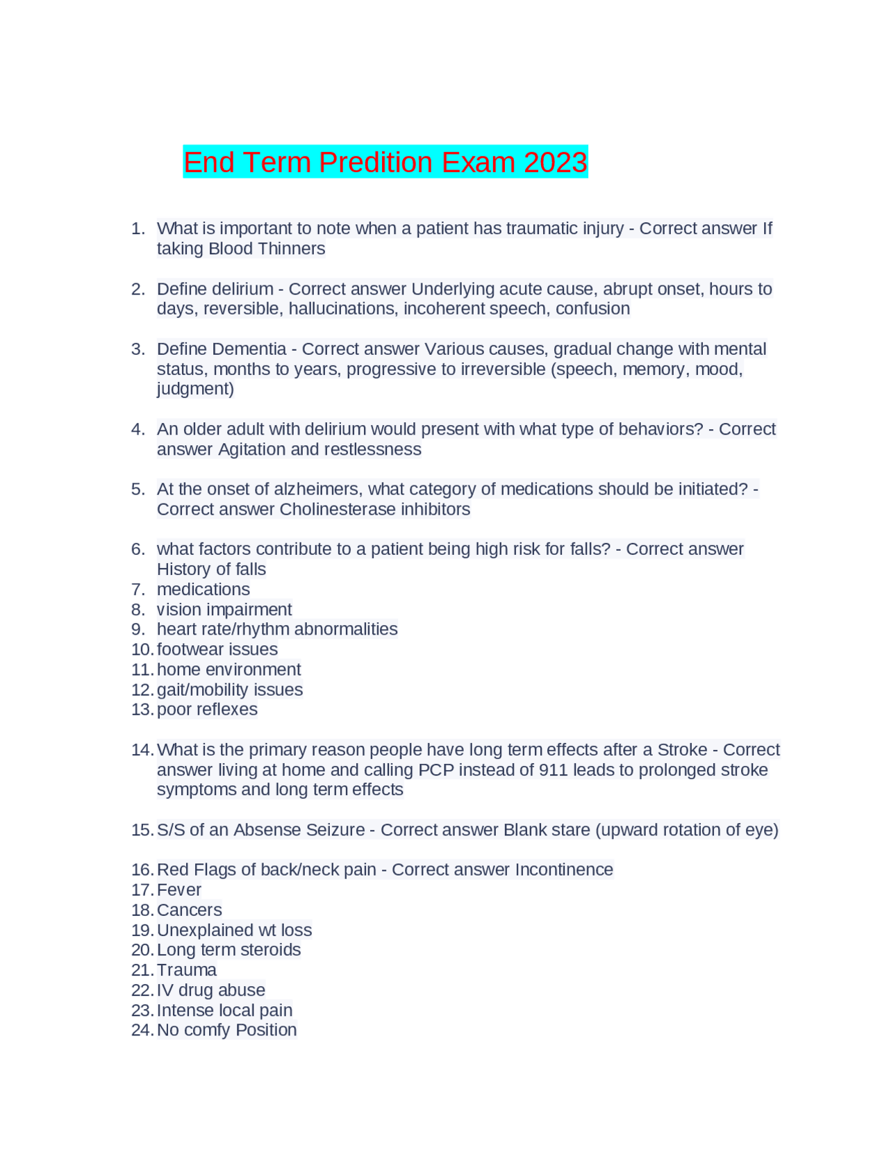 Medical Exam Questions and Answers | Exams Nursing | Docsity