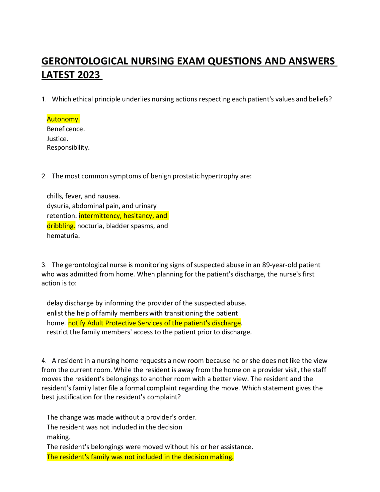 GERONTOLOGICAL NURSING EXAM QUESTIONS AND ANSWERS LATEST 2023 | Exams ...
