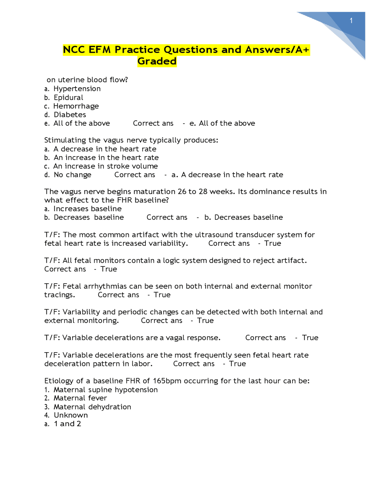 NCC EFM Practice Questions and Answers/A+ Graded | Exams Nursing | Docsity
