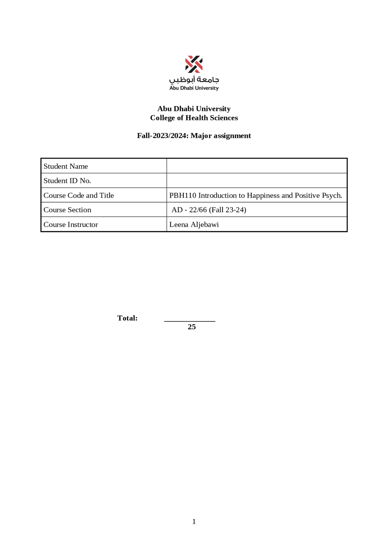 Fall-2023/2024: Major assignment | Assignments Psychology of Happiness | Docsity