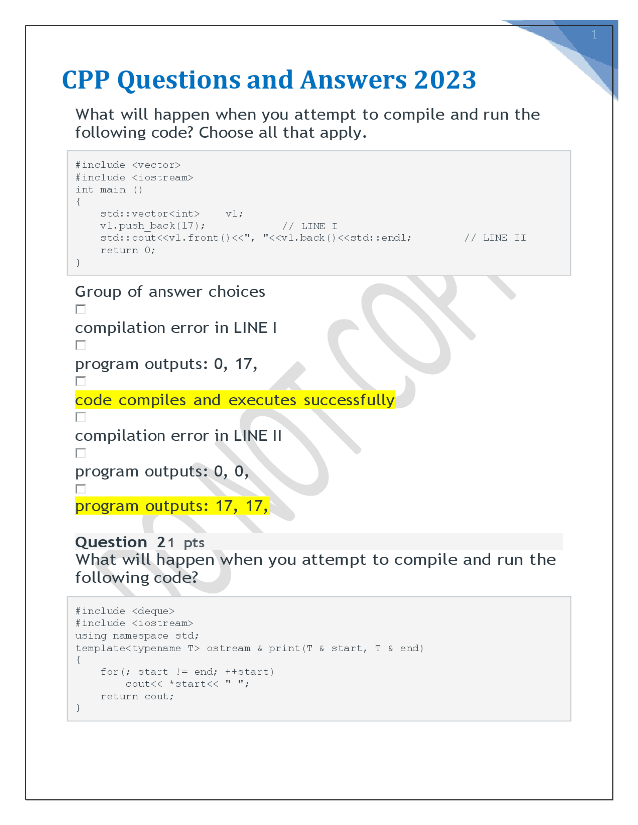 Cpp Questions And Answers 2023 Exams Nursing Docsity