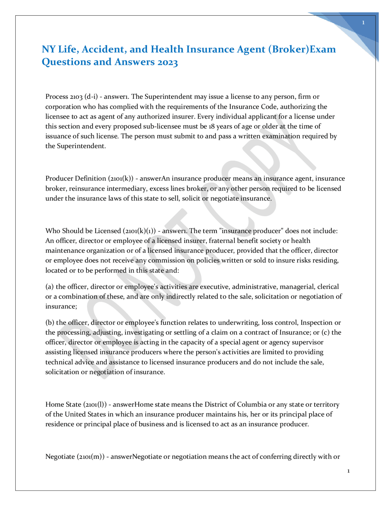 NY Life, Accident, and Health Insurance Agent (Broker)Exam Questions ...