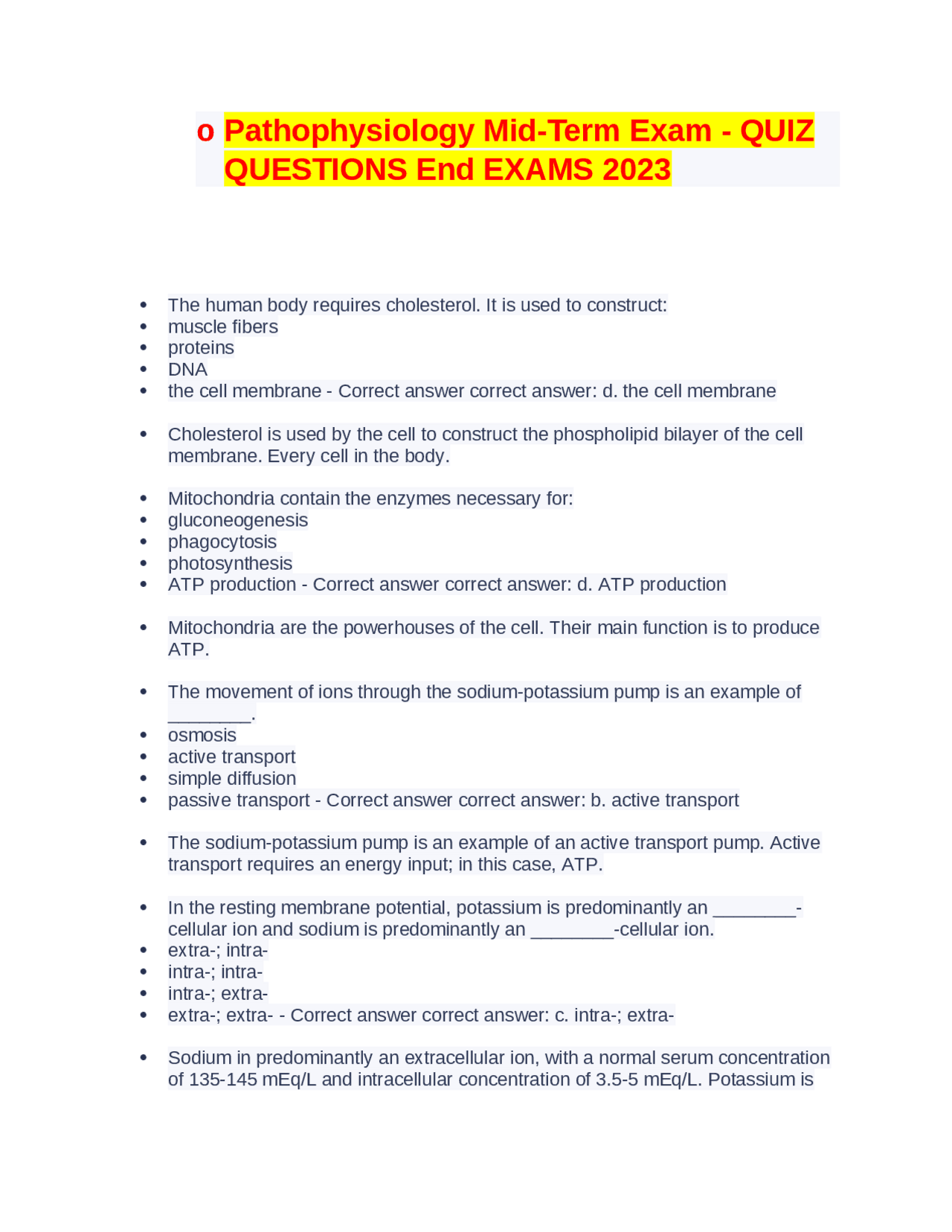 Pathophysiology Mid-Term Exam Quiz Questions and Answers | Exams ...