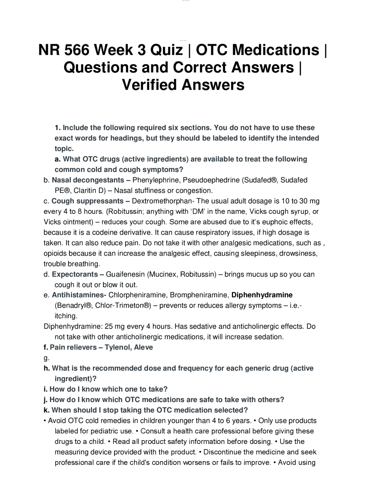 Nr 566 Week 3 Quiz Otc Medications Questions And Correct Answers