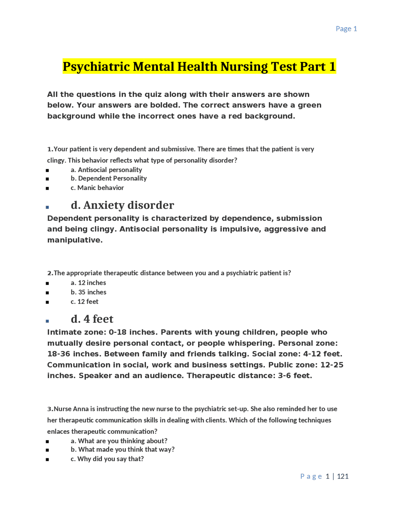 Psychiatric Mental Health Nursing Test Part 1 | Exams Nursing | Docsity