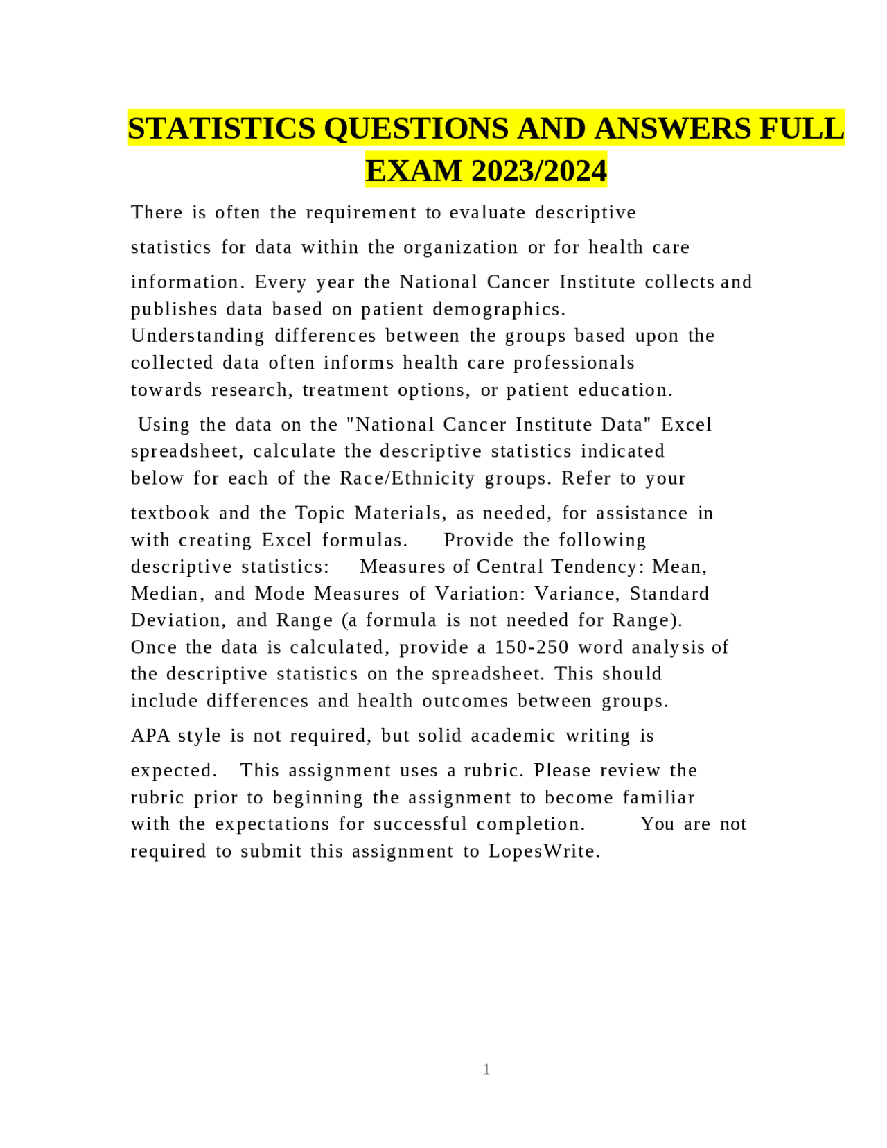 STATISTICS QUESTIONS AND ANSWERS FULL EXAM 2023/2024 | Exams Nursing | Docsity