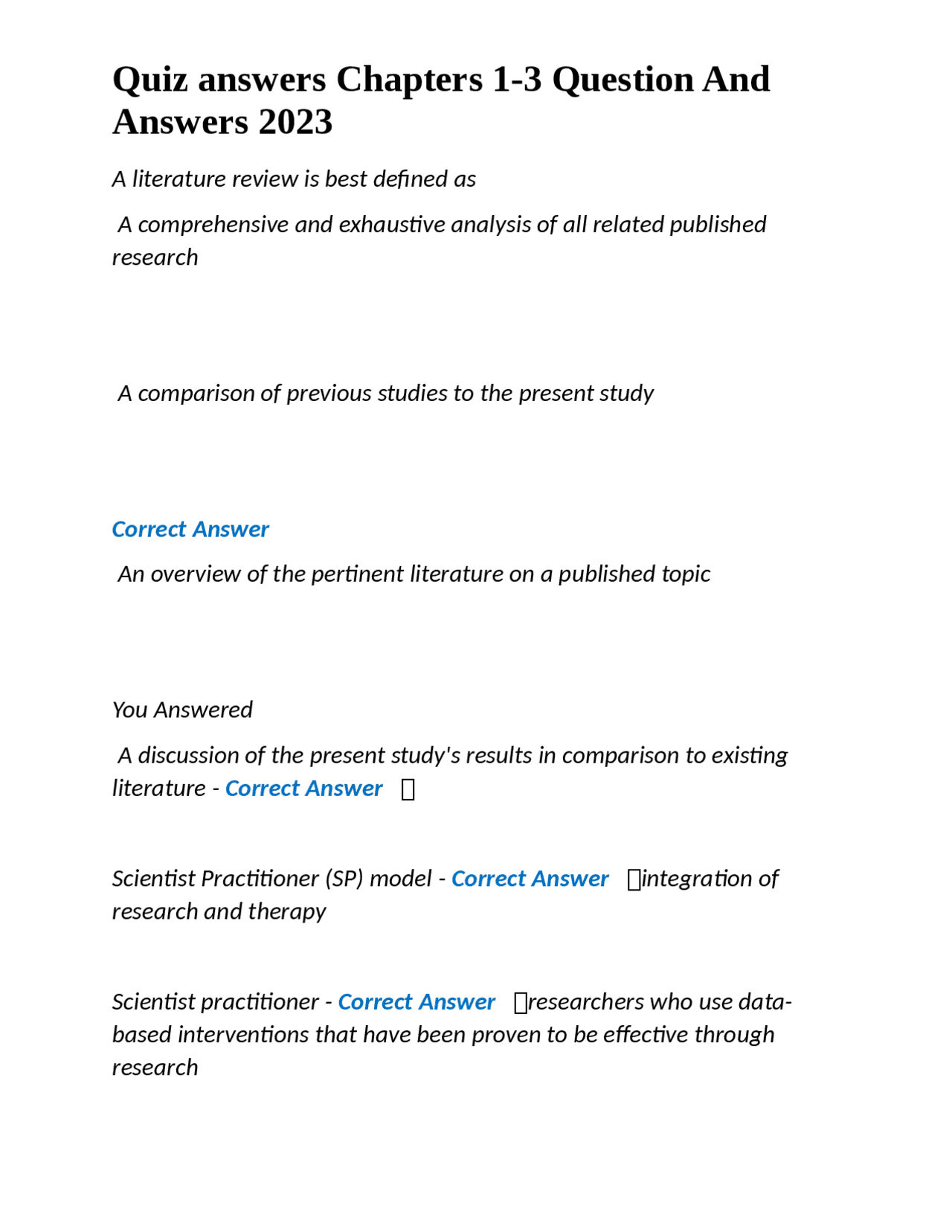 Quiz answers Chapters 1-3 Question And Answers 2023 | Exams Nursing | Docsity