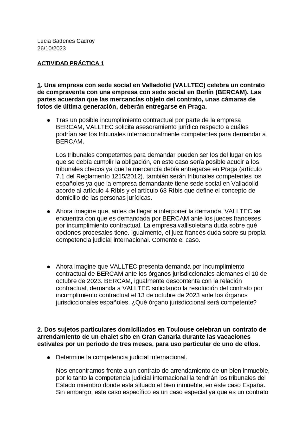 actividad derecho practica internacional | Ejercicios de Derecho Privado Internacional | Docsity