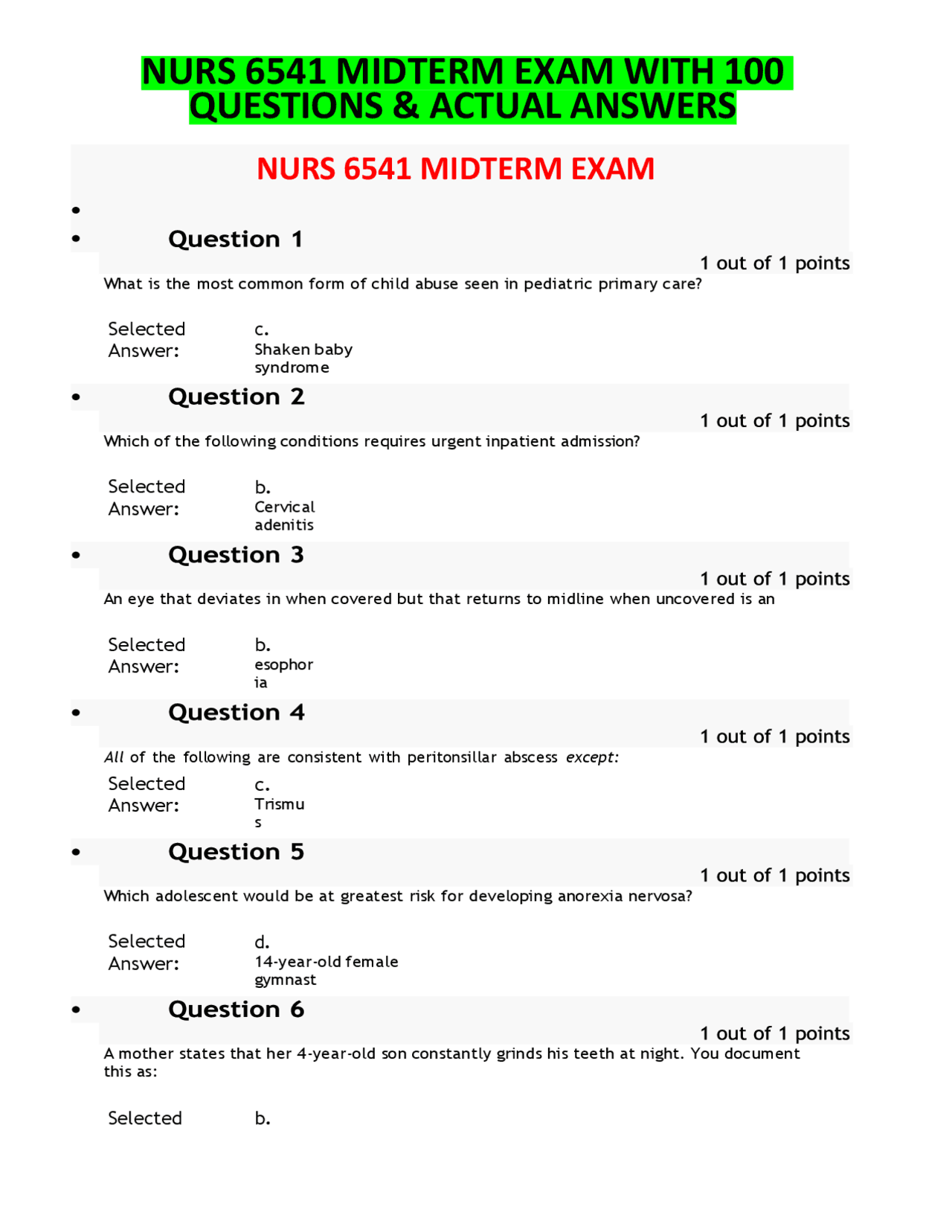 Nurs 6541 Midterm Exam With 100 Questions And Actual Answers Exams