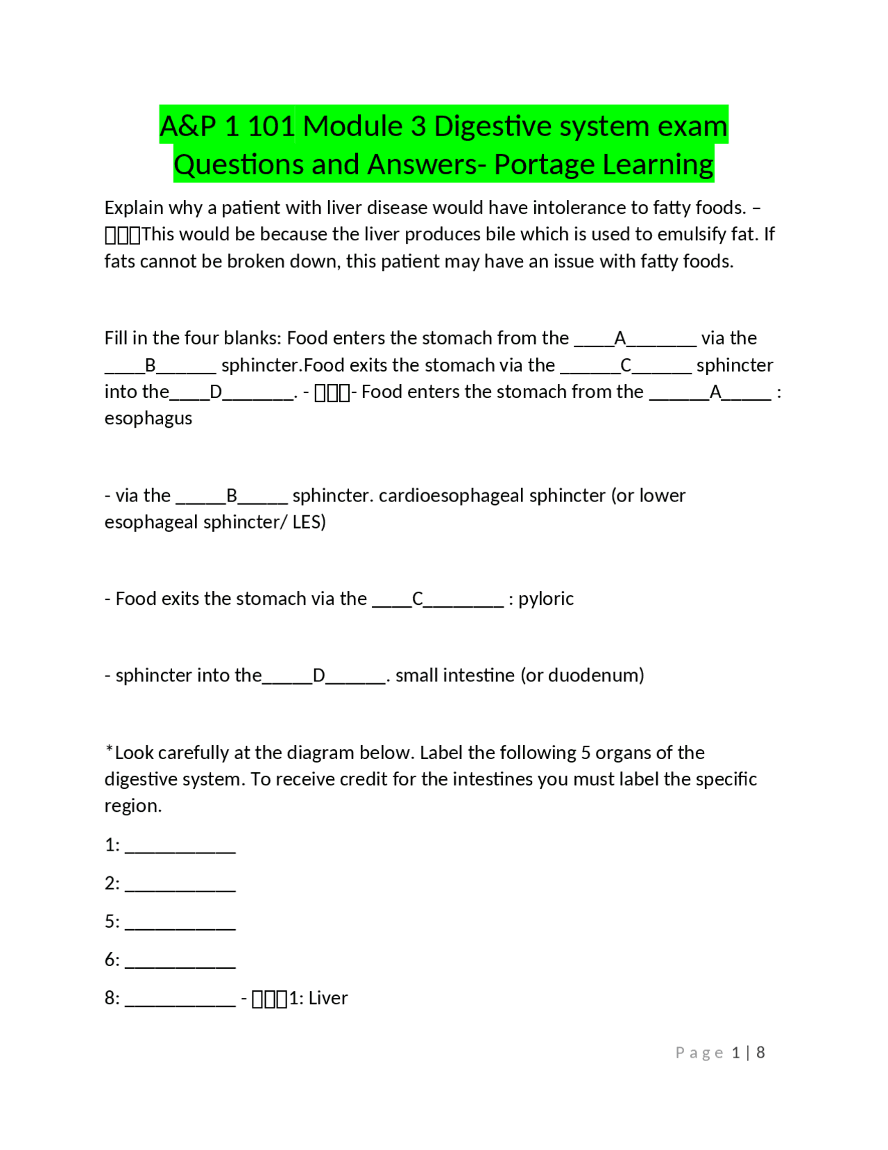 Aandp 1 101 Module 3 Digestive System Exam Questions And Answers Portage