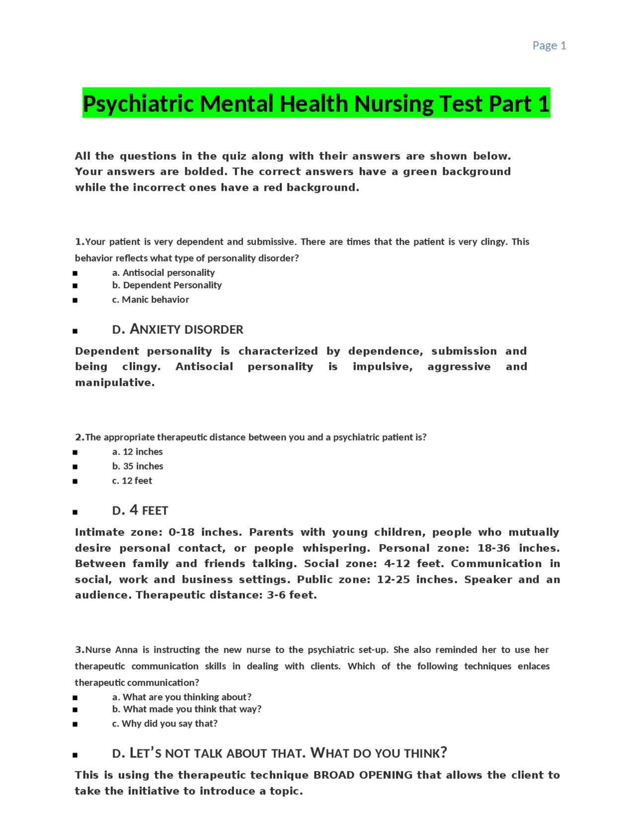 Psychiatric Mental Health Nursing Test Part 1 | Exams Nursing | Docsity