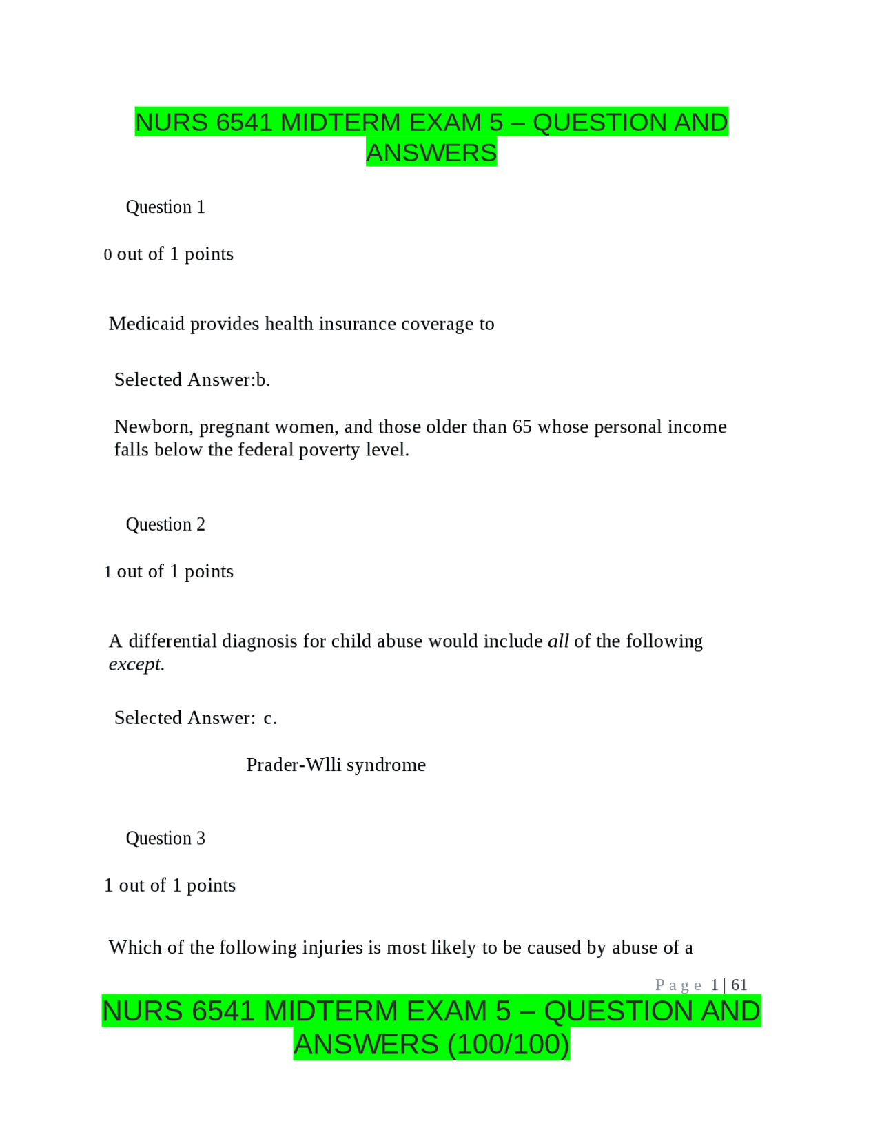 Nurs 6541 Midterm Exam 5 Question And Answers Exams Nursing Docsity