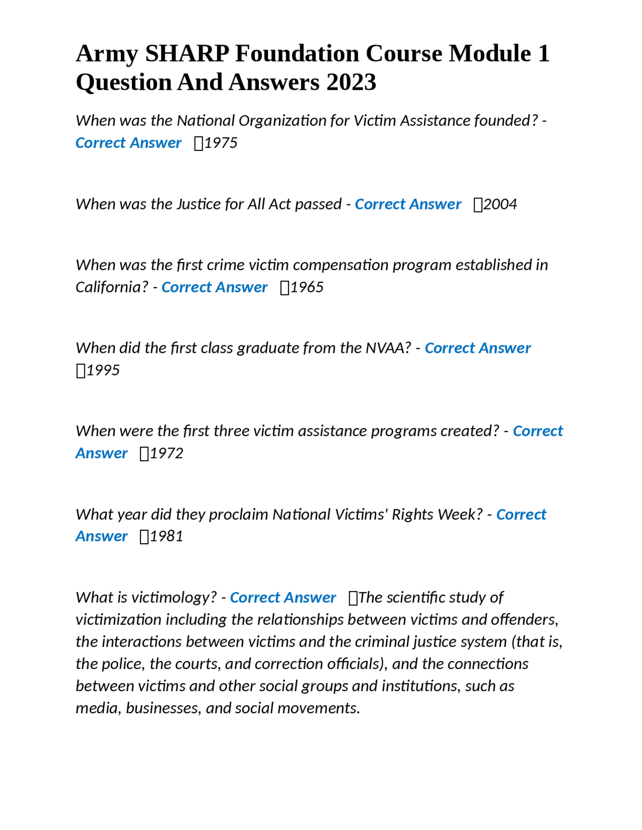 Army SHARP Foundation Course Module 1 Question And Answers 2023 | Exams Nursing | Docsity