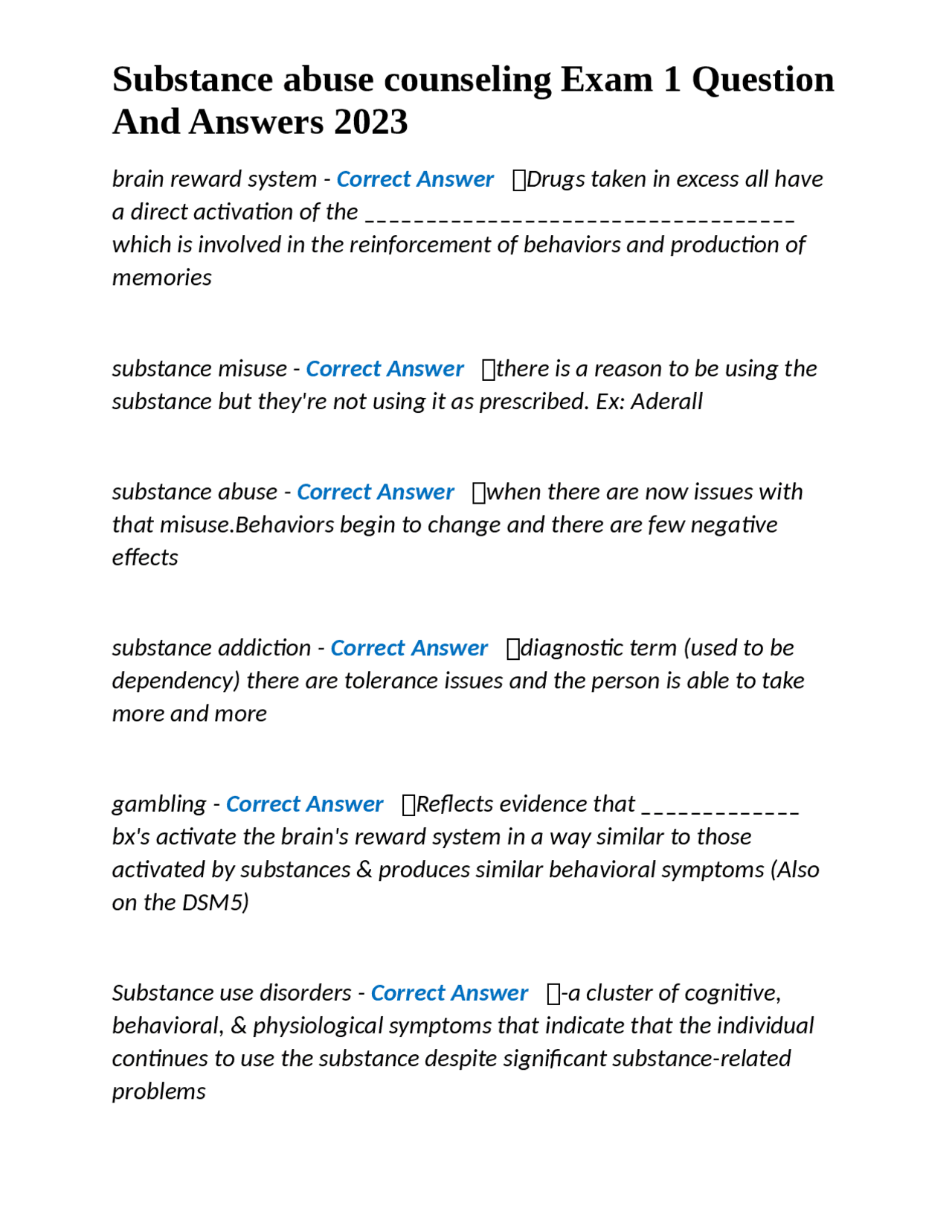 Substance abuse counseling Exam 1 Question And Answers 2023 | Exams ...