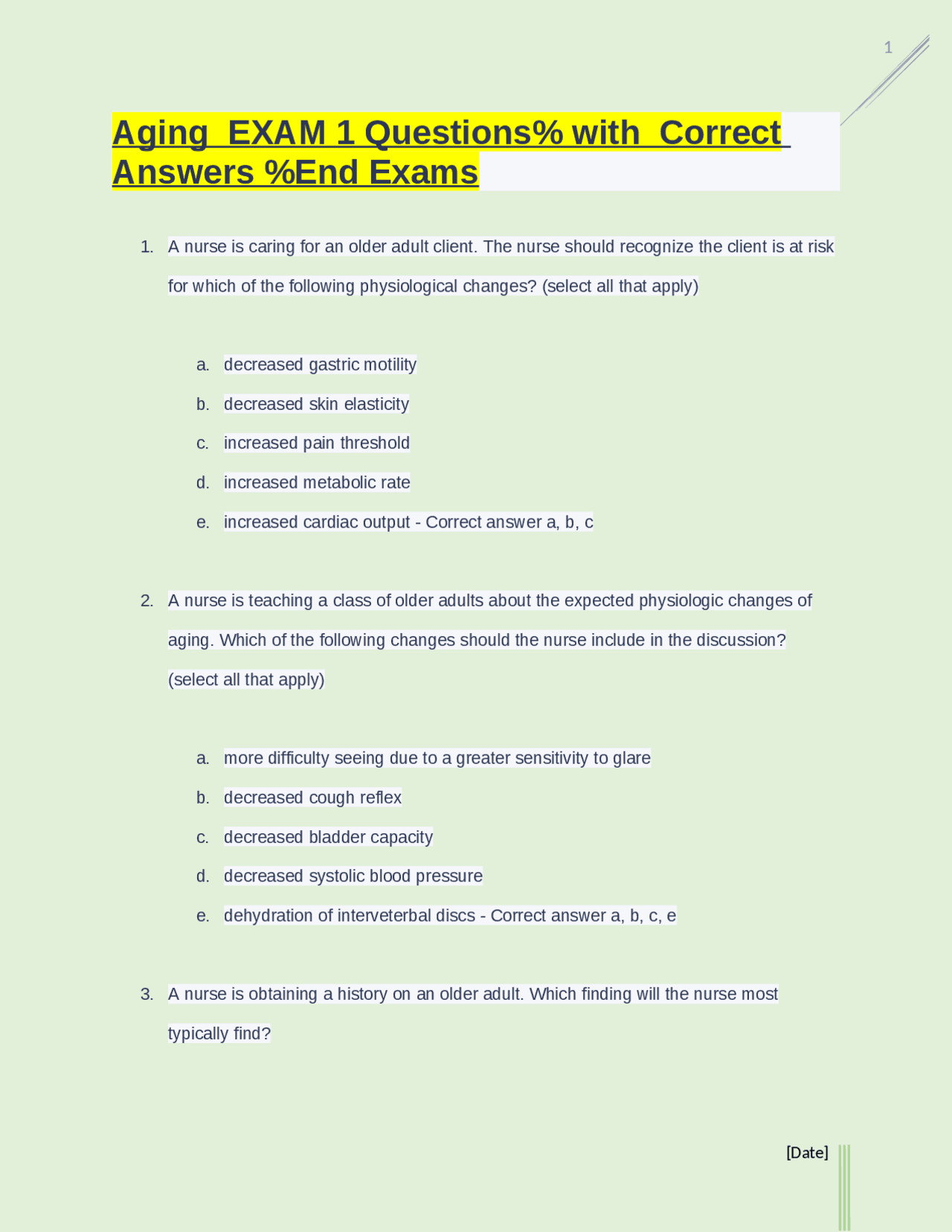 Aging EXAM 1 Questions% with Correct Answers %End Exams | Exams Nursing ...