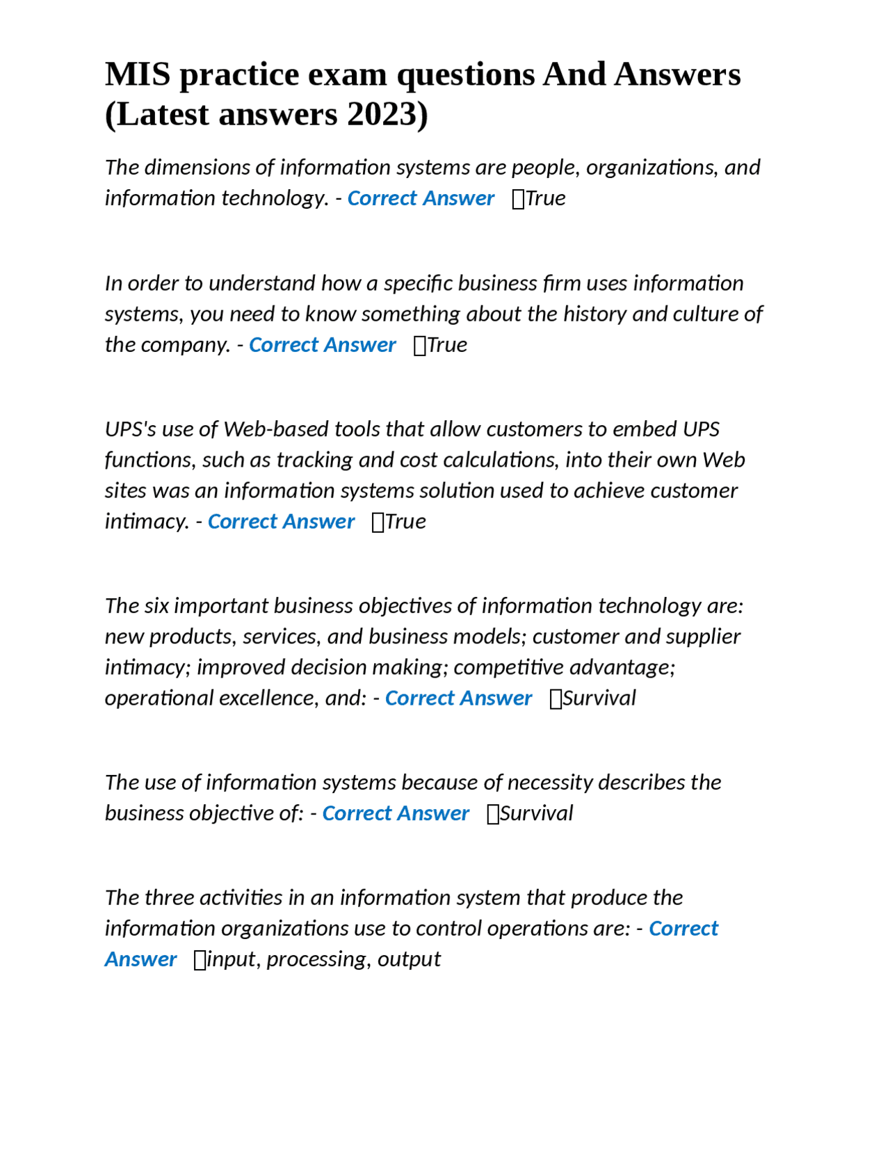 MIS practice exam questions And Answers (Latest answers 2023) | Exams ...