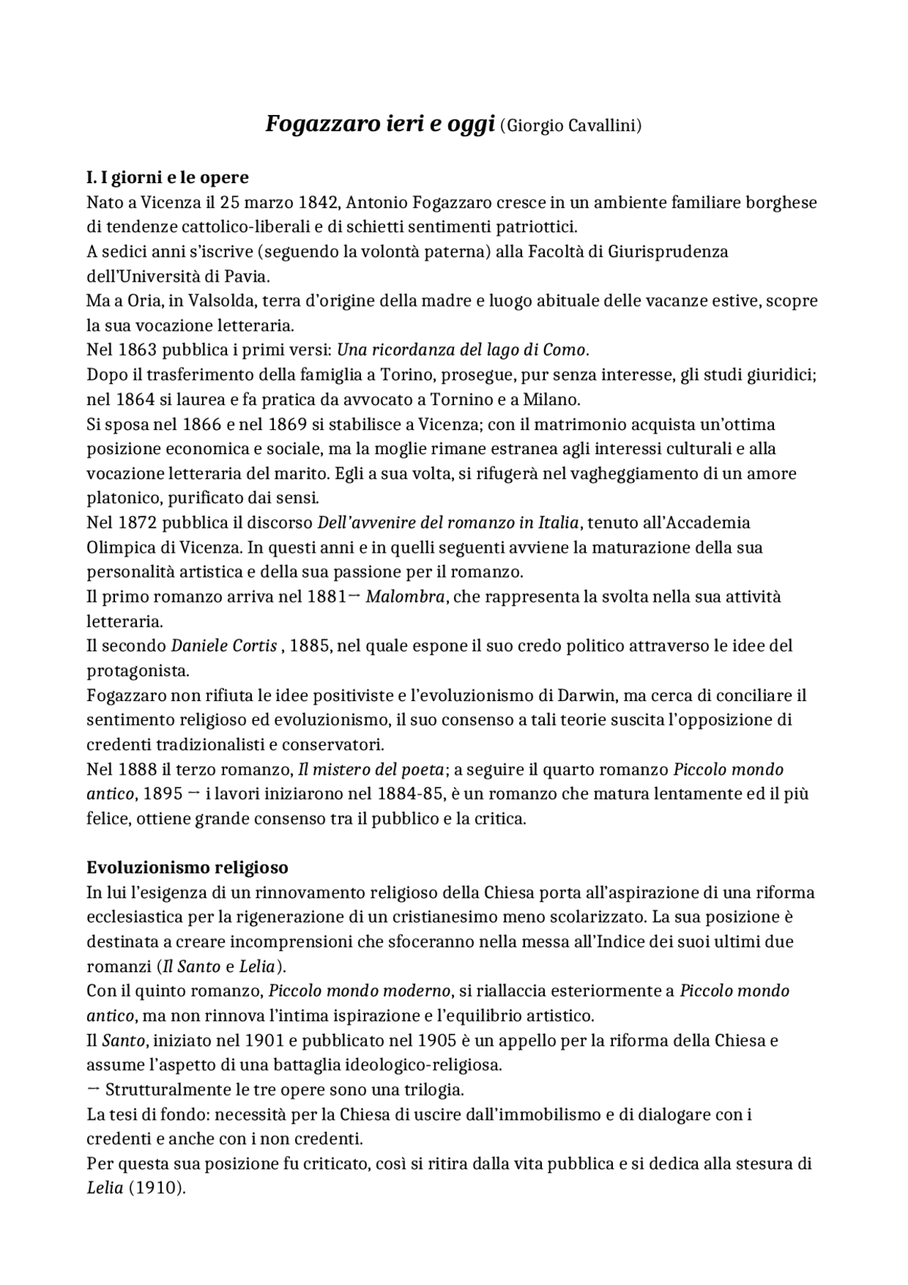 Riassunto: Fogazzaro ieri e oggi | Schemi e mappe concettuali di Letteratura Italiana | Docsity