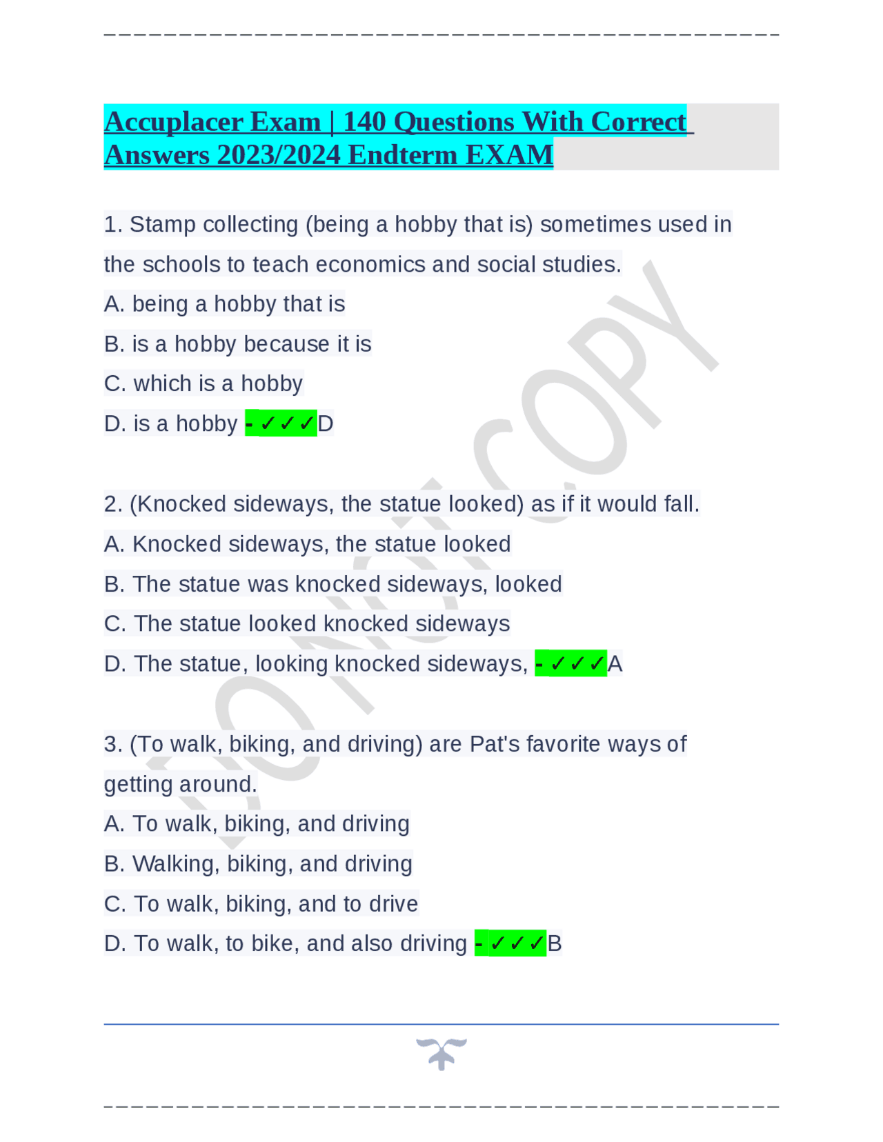 Accuplacer Exam | 140 Questions With Correct Answers 2023/2024 Endterm ...