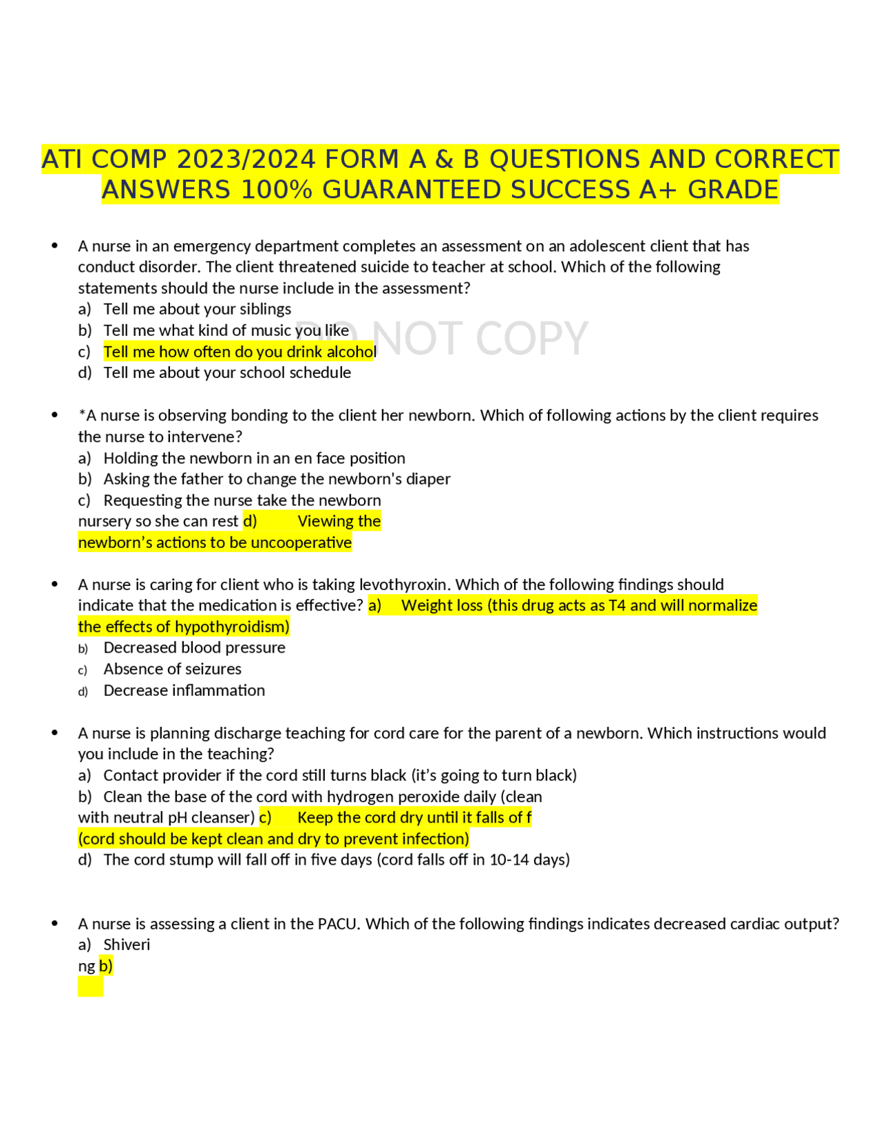 ATI COMP 2023/2024 FORM A & B QUESTIONS AND CORRECT ANSWERS 100% GUARANTEED SUCCESS A+ GRA ...