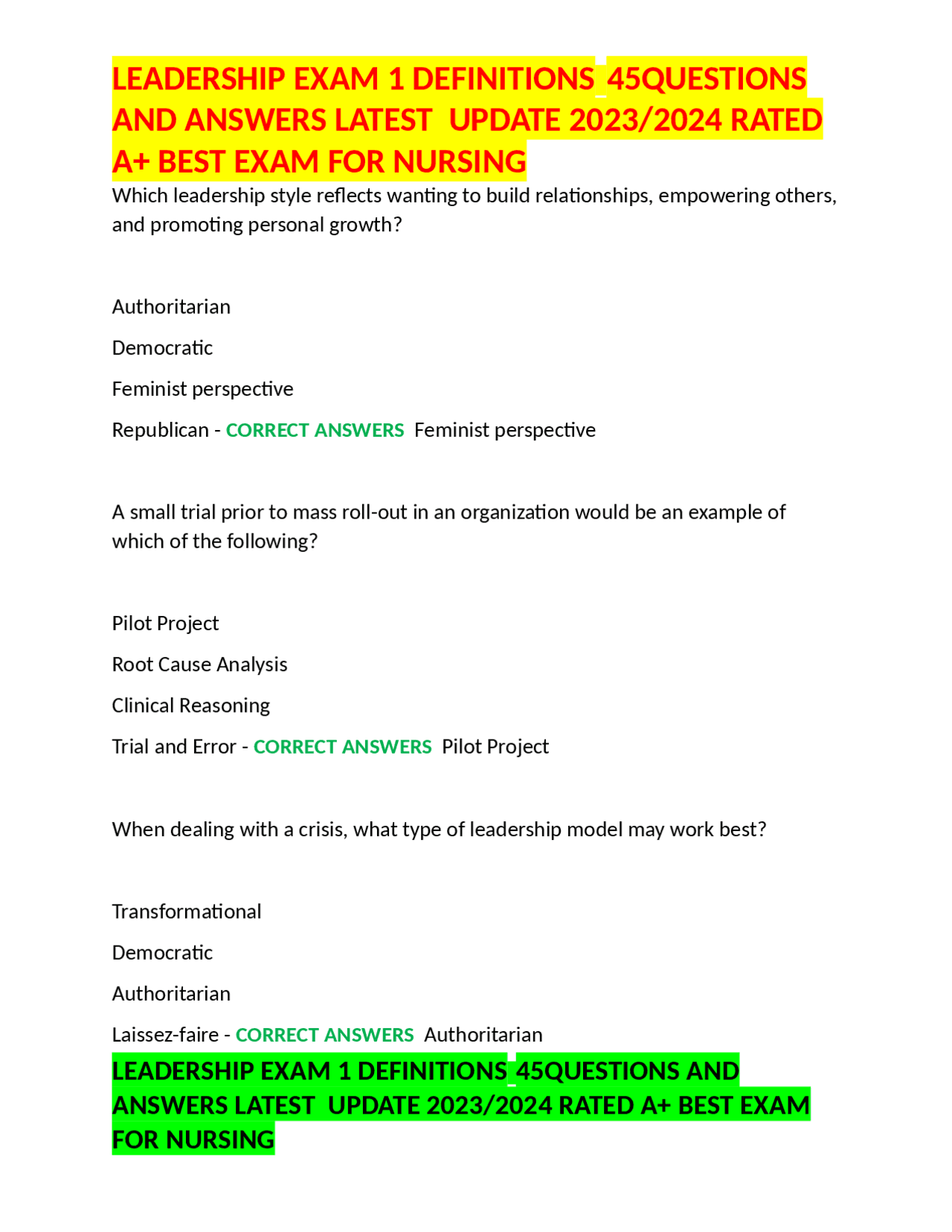 Leadership Exam 1 Definitions 45questions And Answers Latest Update