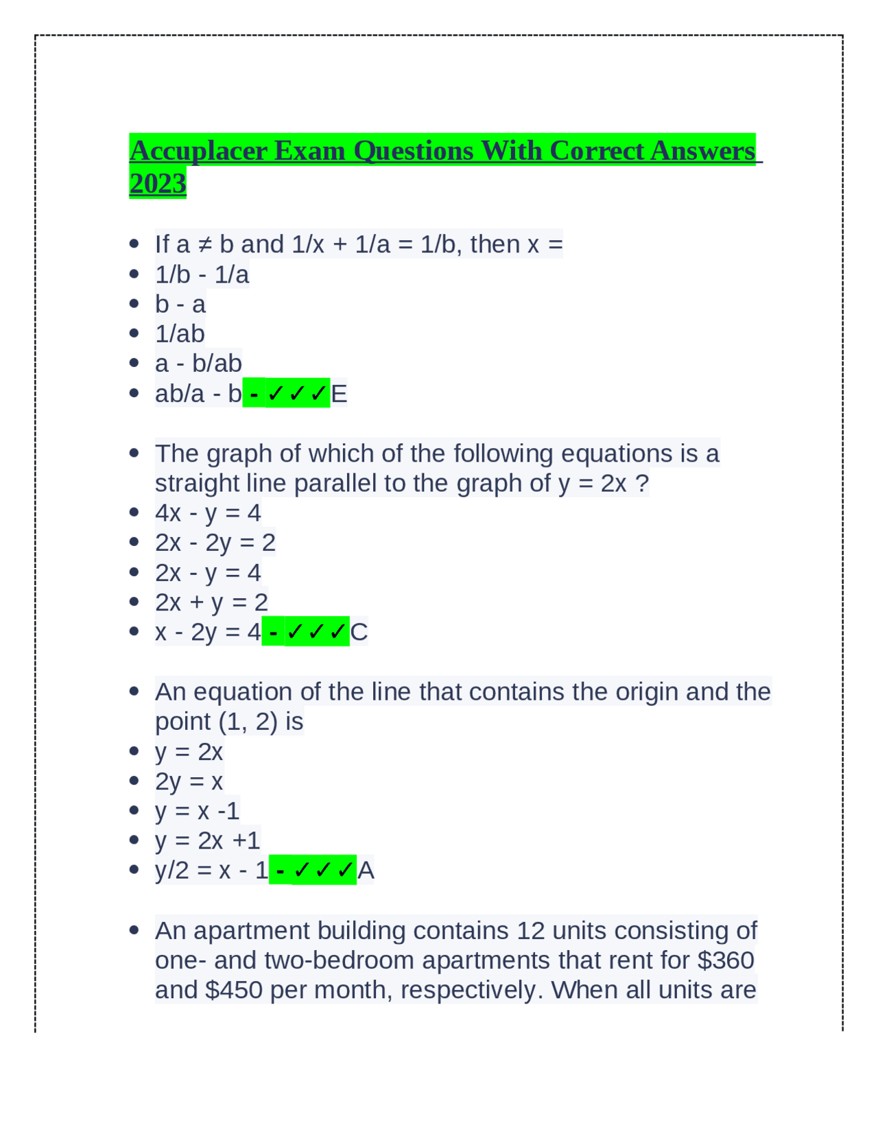 Accuplacer Exam Questions With Correct Answers 2023 Exams Mathematics Docsity