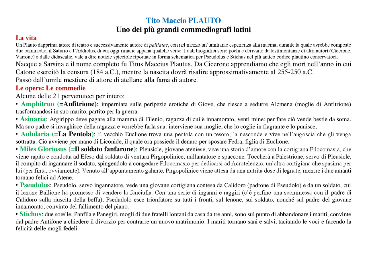 Tito Maccio PLAUTO: vita, opere e analisi di alcune tematiche ...