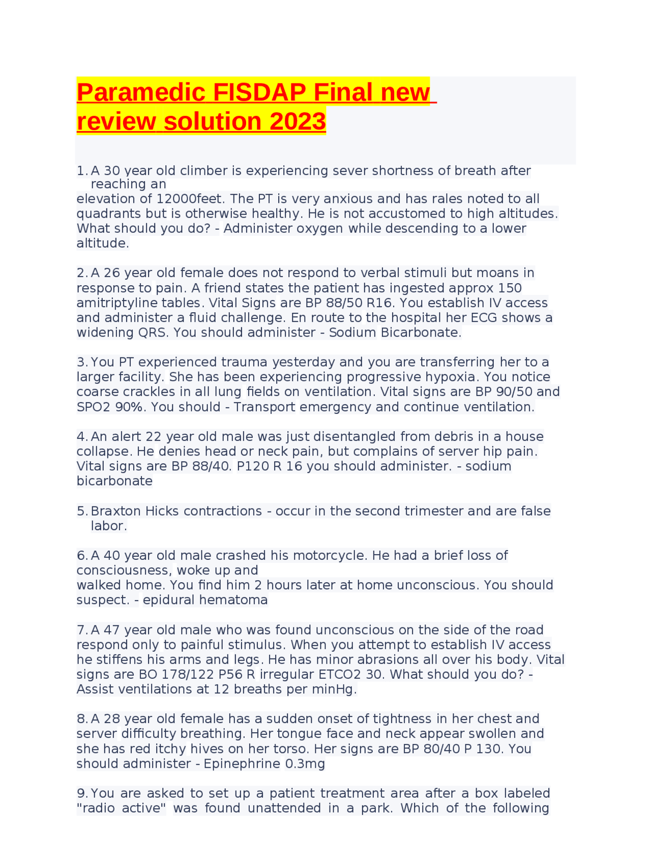 Paramedic FISDAP Final new review solution 2023 | Exams Health sciences ...