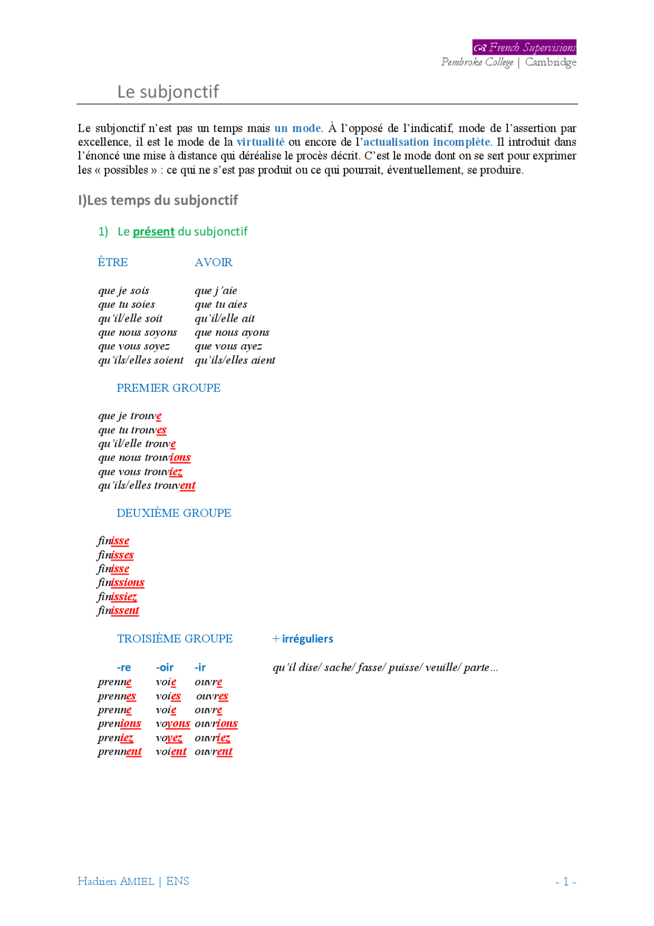 Fiche sur le subjonctif | Schemes and Mind Maps French | Docsity
